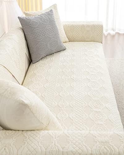 vctops Vintage Embroidered Cotton Sofa Couch Covers Soft Quilted Sectional Couch Cover Non Slip Sofa Slipcover for Dogs, Children, Pets Furniture Protector (Cream,36"x82")