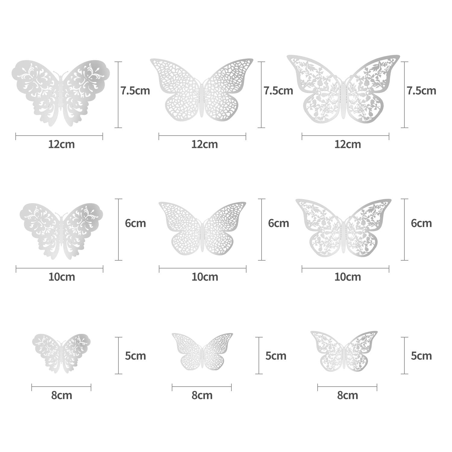 Senkary 72 Pieces (3 Sizes 3 Styles) Silver 3D Butterfly Wall Stickers Wall Decorations Removable Metallic Paper Decals for Home Kids Bedroom Nursery Decor