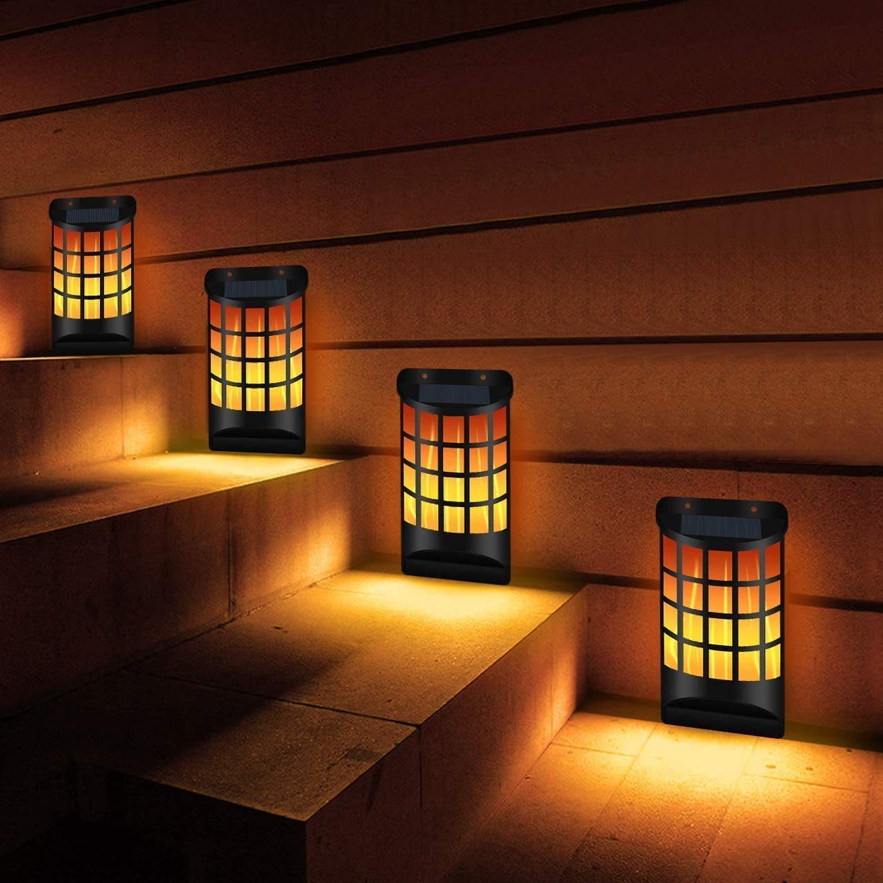 Solar Flame Lights Outdoor Waterproof Flickering Flame Solar Lights Dark Sensor Auto On/Off 66 LED Solar Powered Wall Mounted Night Lights Lattice Design for Garden Pathway Patio Deck Yard (4Pack)