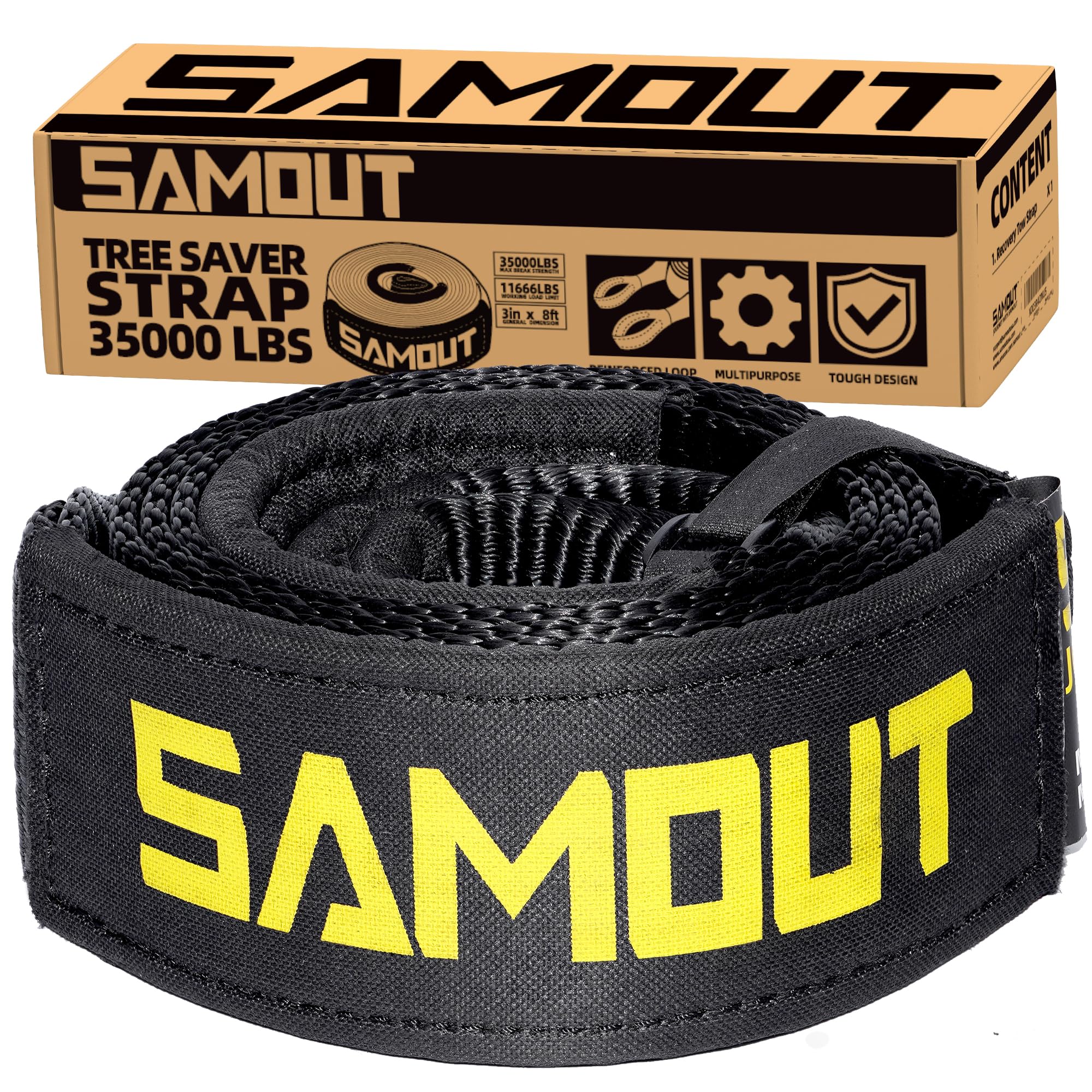 SAMOUT Tree Saver Strap 3in x 8ft Lab Tested 35,000Lbs Break Strength, Emergency Recovery Strap, Winch Extension Rope, Bridle Strap