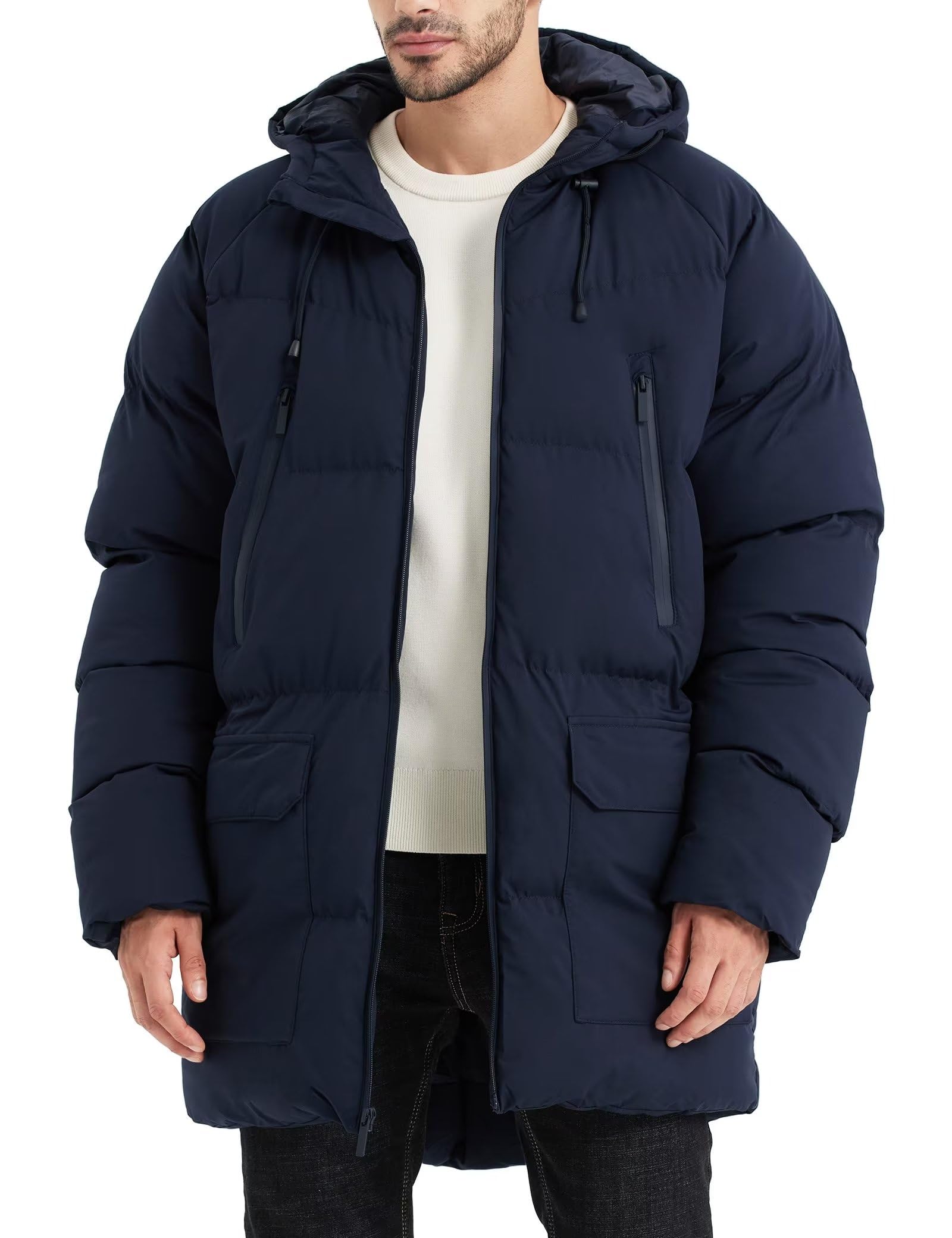 Rejork Men's Long Winter Coat Hooded Warm Quilted Jacket Water-resistant Cold Weather Parka Navy L