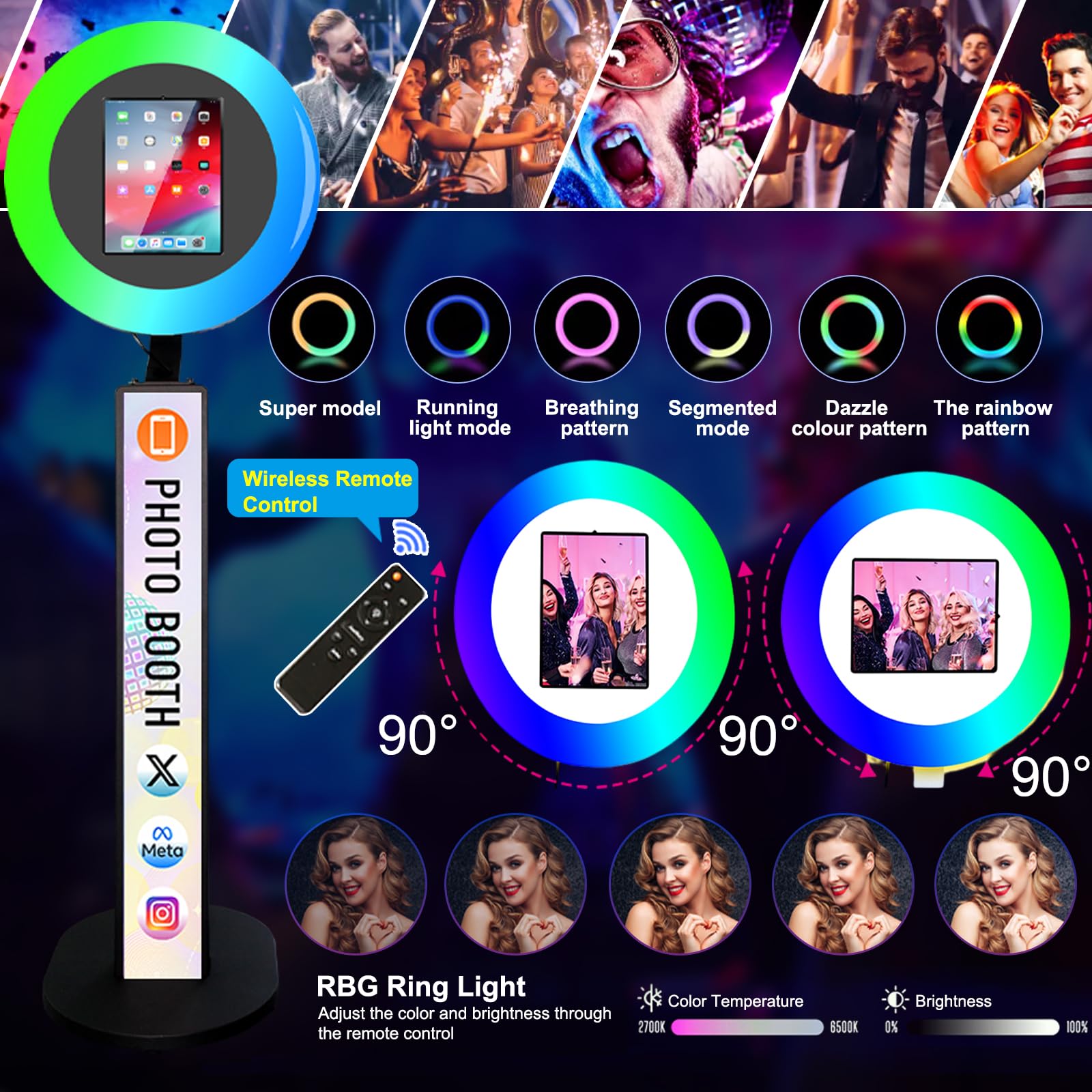 ZLPOWER Portable Photo Booth Shell Stand Stand for IPad 10.2" 10.9" 11" 12.9" Printer Stand Selfie Customized Logo Photobooth with Round RGB LED Light Ring and Flight Case for Events Christmas Wedding