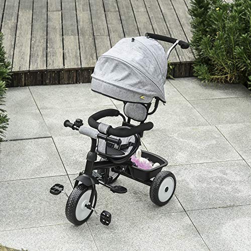Qaba Baby Tricycle 2 in 1 Trike with Adjustable Canopy Detachable Guardrail Belt for Age 6-60 Months, Grey