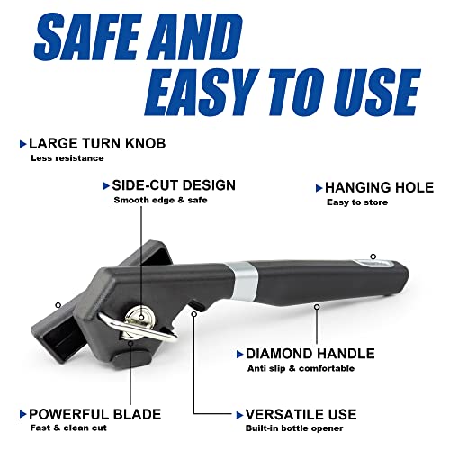 PrinChef Safety Can Opener Smooth Edge, Built-in Bottle Opener | Rust Proof Can Opener Manual, with Sharp Blade| Handheld Can Openers Heavy Duty, Side Cut Design, Easy and Safe to Use, Black