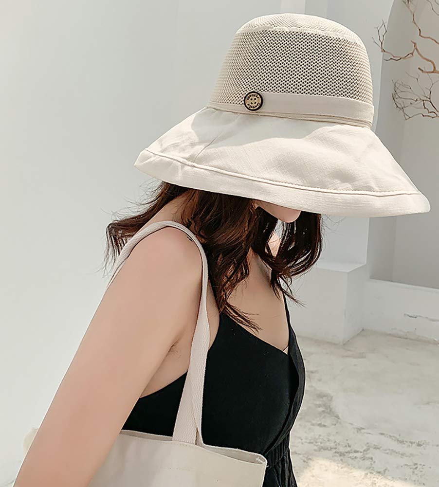 Summer Mesh Sun Hats for Women Lightweight Beach Hat Floral UPF50+ Packable Wide Brim Bucket Hat with Chin Strap Beige