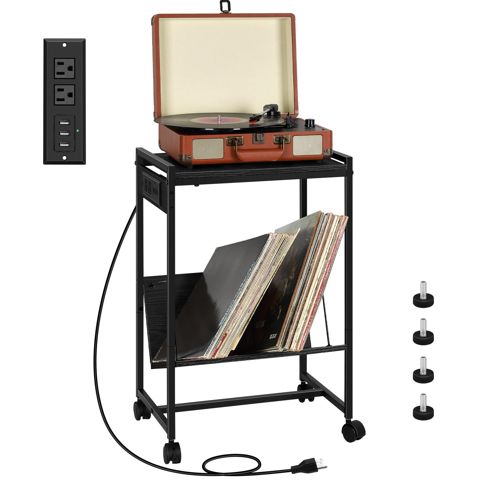 Record Player Stand with Charging Station, 2 Tier Record Player Table with 3 Quick-Release Divider, Vinyl Record Stand Storage with 4 Wheels, Turntable Stand for Bedroom Living Room and Office(Rustic Brown)