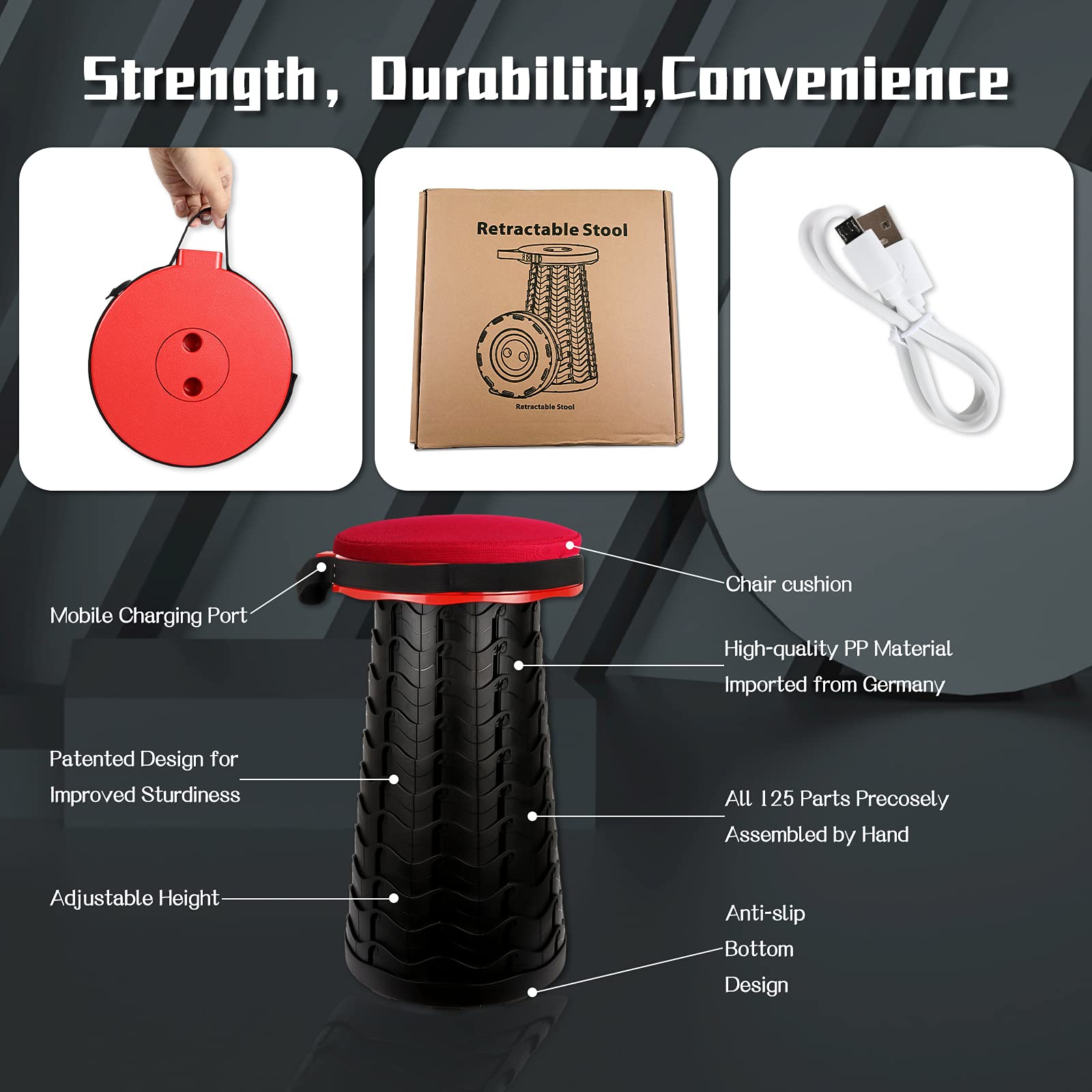Telescopic Camping Stool Portable Retractable Foldable Collapsible with Mobile Charger & Memory Foam Cushion for Indoor/Outdoor Activities Load Capacity Reaching 400 lbs (Blue) YUETNT WOD.