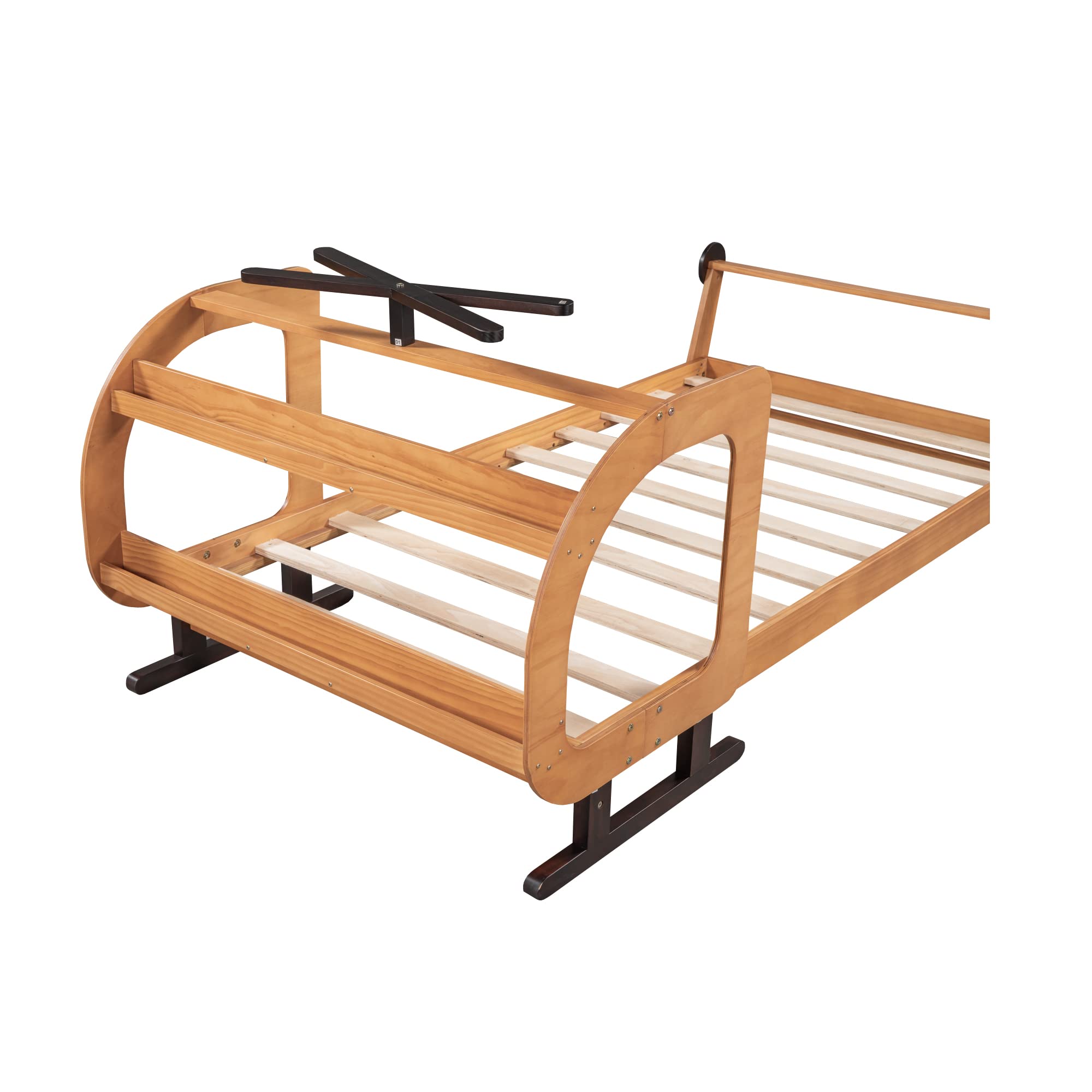 PRNDOLE Plane Shaped Twin Size Platform Bed with Rotatable Propeller and Shelves,Wood Twin Bed Frame,Natural