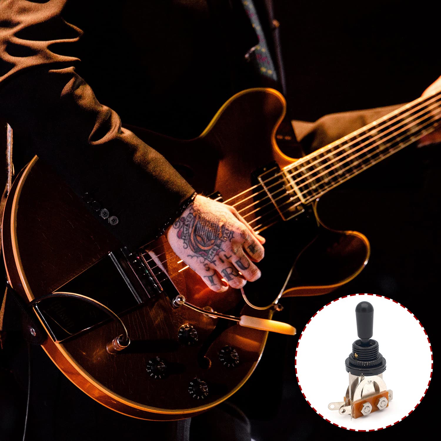 SAPHUE Guitar 3 Way Toggle Switch Position Short Straight Black Top Black Knobs for Gibon Epiphone Les Paul Electric Guitar Parts Pickup Selector kit with Plate Rhythm Treble Washer Ring Black/Gold