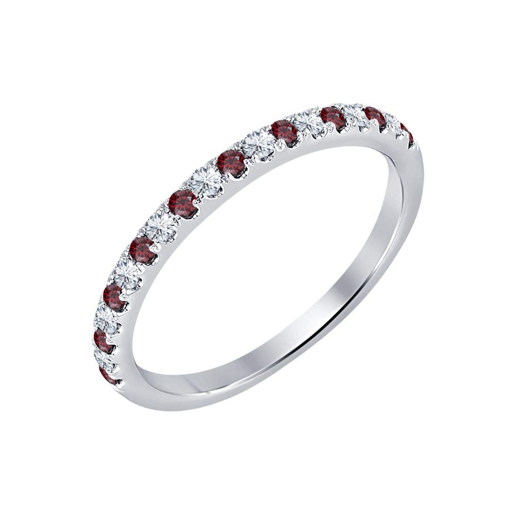 tusakha Round Cut Red Garnet & Diamond Half Eternity 18k White Gold Over .925 Sterling Silver Wedding Engagement Band Ring for Women