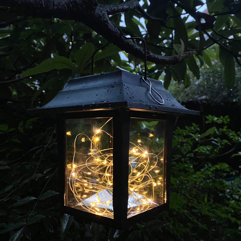 Solar Outdoor Lantern, Waterproof Hanging Solar Lantern with Fairy Copper String Lights for Patio, Garden, Lawn, Pathway (Warm White)