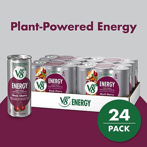 V8 +ENERGY Black Cherry Energy Drink, Made with Real Vegetable and Fruit Juices, 8 FL OZ Can (4 Packs of 6 Cans)