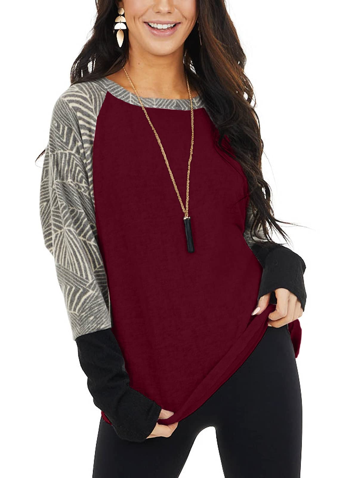 TEMOFON Women's Long Sleeve Tops Color Block Striped Loose Casual Tunics Shirts Pullover Wine Red 2XL