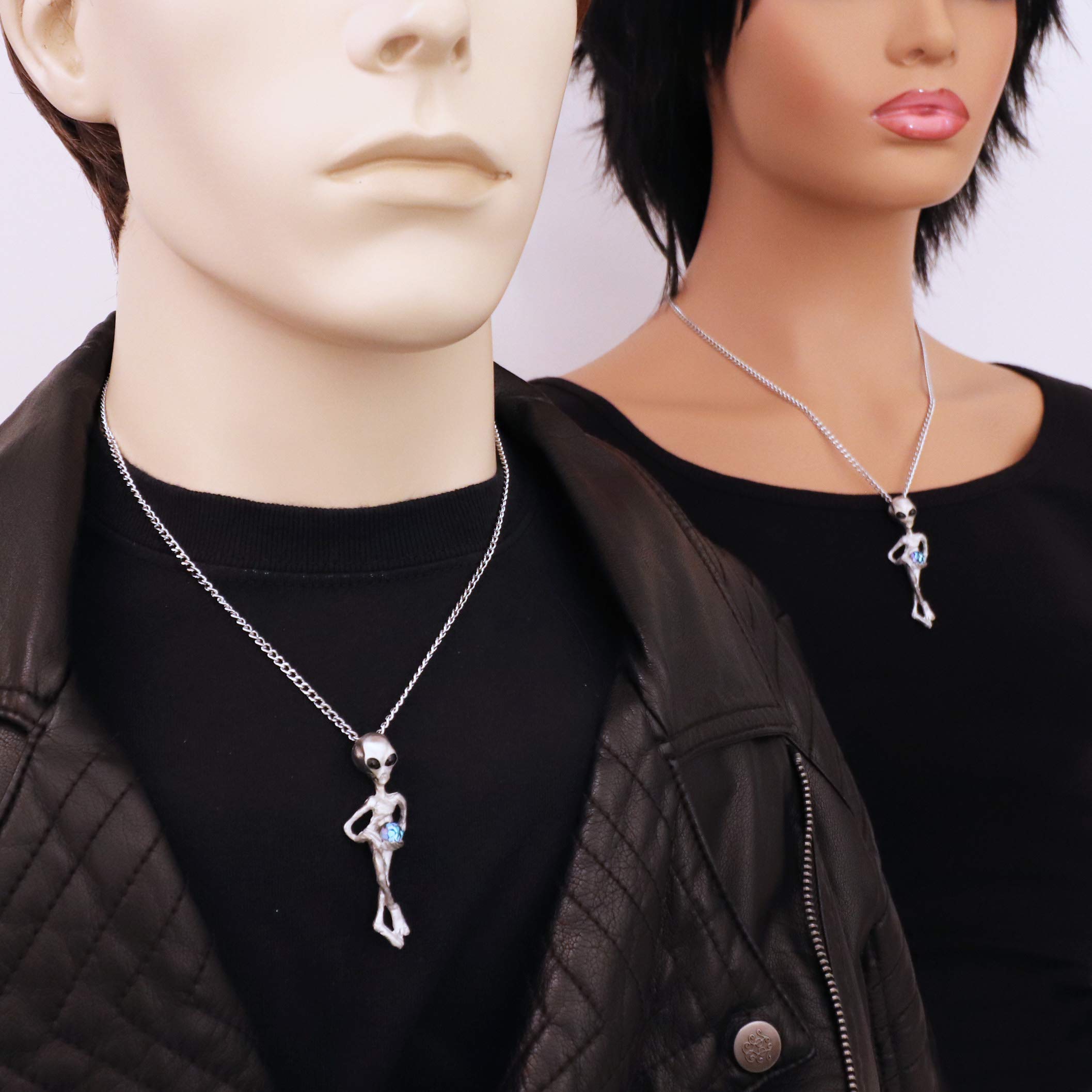 Real Metal UFO Alien Holding Crystal Ball Silver Finish Pendant Necklace