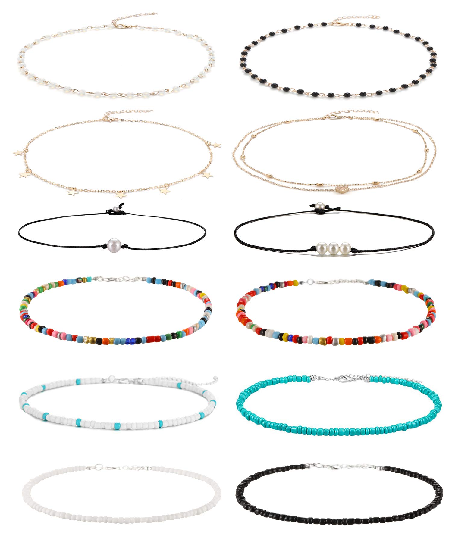 Wremily 4-12 Pieces Beaded Choker Necklaces for Women Boho Seed Bead Choker Set Hawaiian Handmade Turquoise Beach Beads Necklace Chain Jewelry