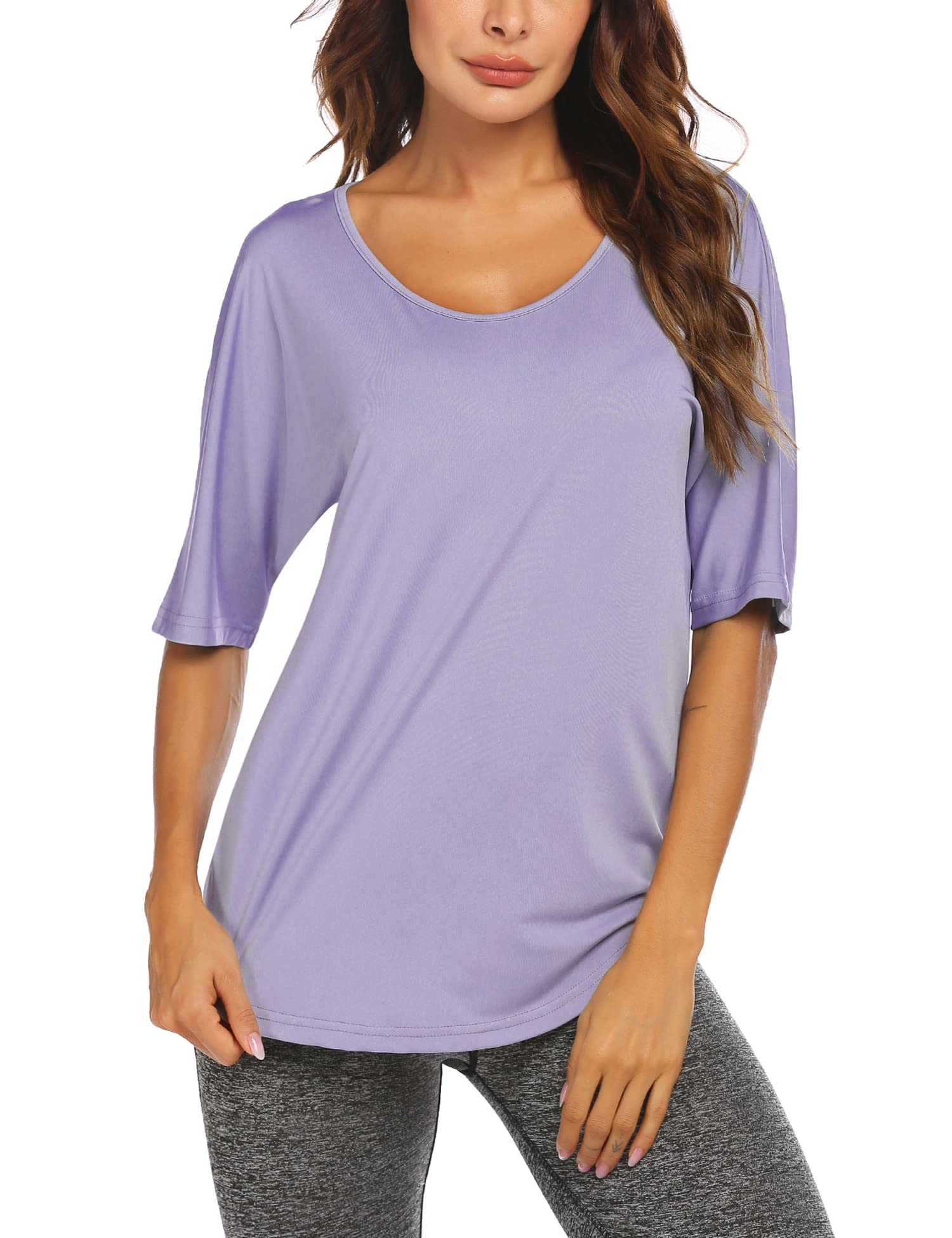 Yoga Tops for Women Open Back Workout Tops Short Sleeve Backless Cute Quick Dry Sport Shirts Lilac XL