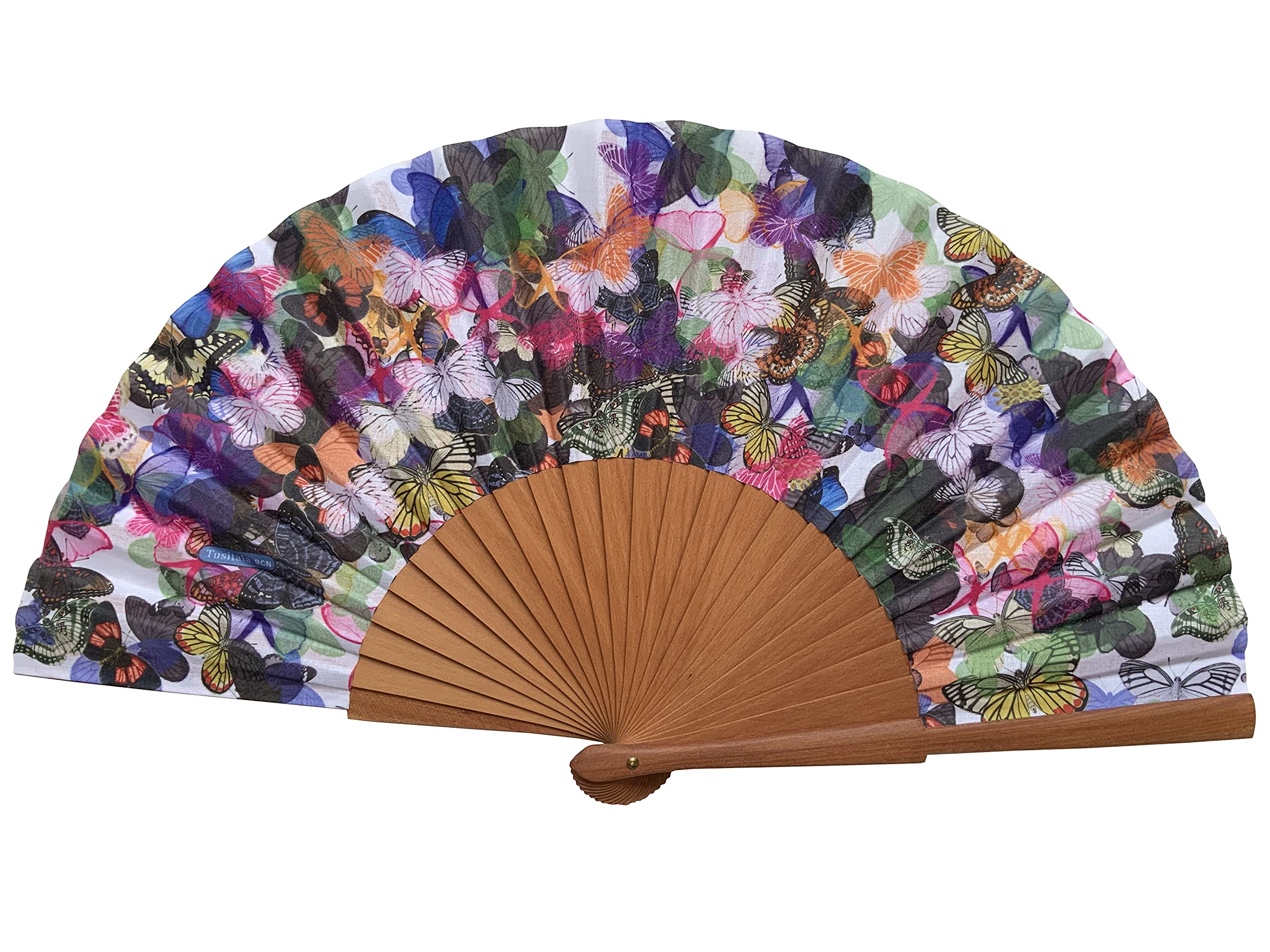 Tusitala Barcelona - Flutter Hand Fan | Handcrafted Spanish Hand Fan | Cotton Fabric and Wood | Includes Protective Jute Cotton Bag | Authentic Gift | 23cm - 9β.