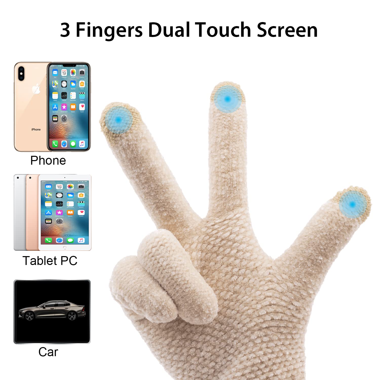 ViGrace Winter Touchscreen Gloves for Women Chenille Warm Cable Knit 3 Touch screen Fingers Texting Driving Elastic Cuff Thermal Glove (Gray,Large)