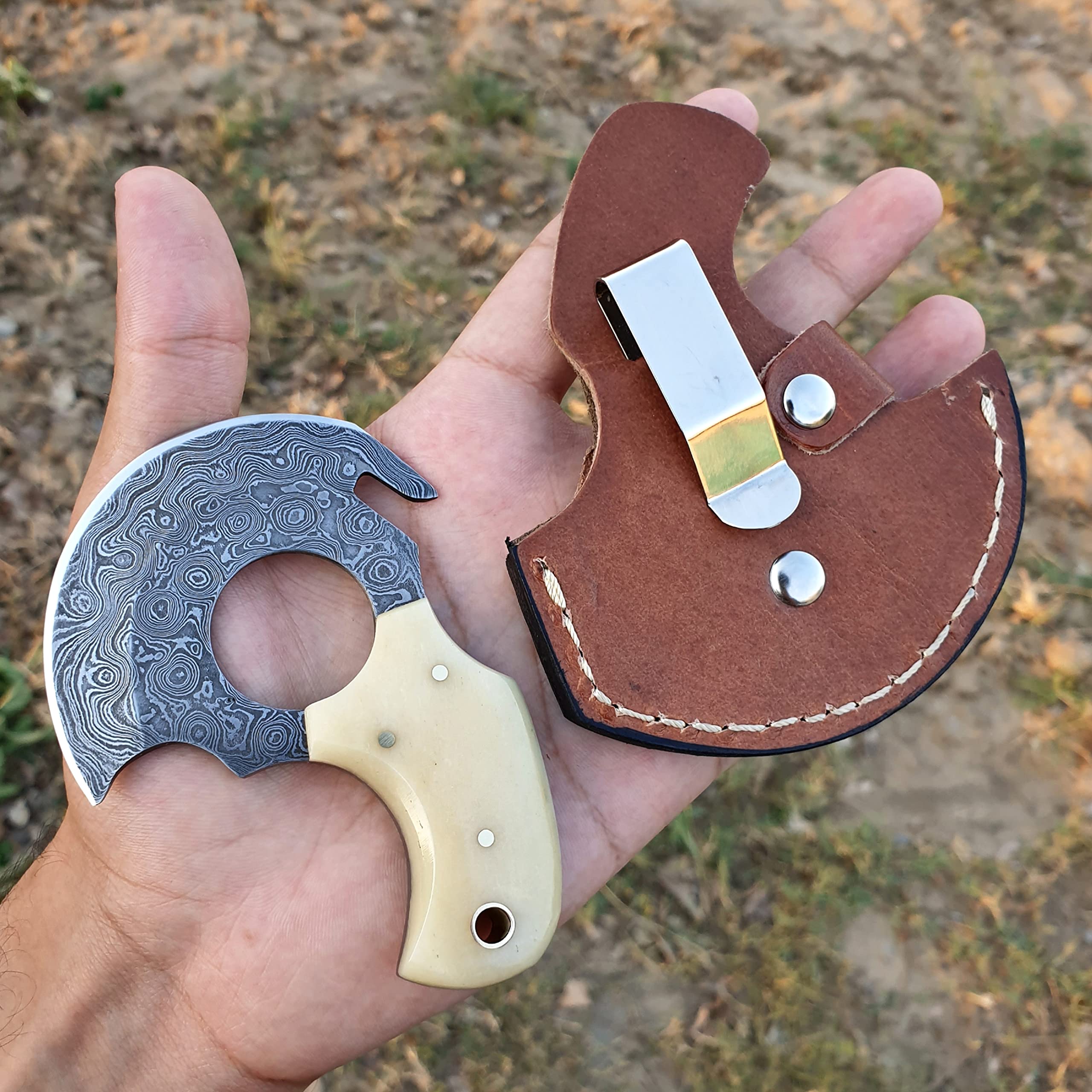 SS-1 Knife4U Damascus Steel EDC Knife 4" Fixed Blade Mini Knife for Skinning,Survival,Camping and Outdoor Enthusiasts with Natural Handle and Leather Sheath (Camel Bone)