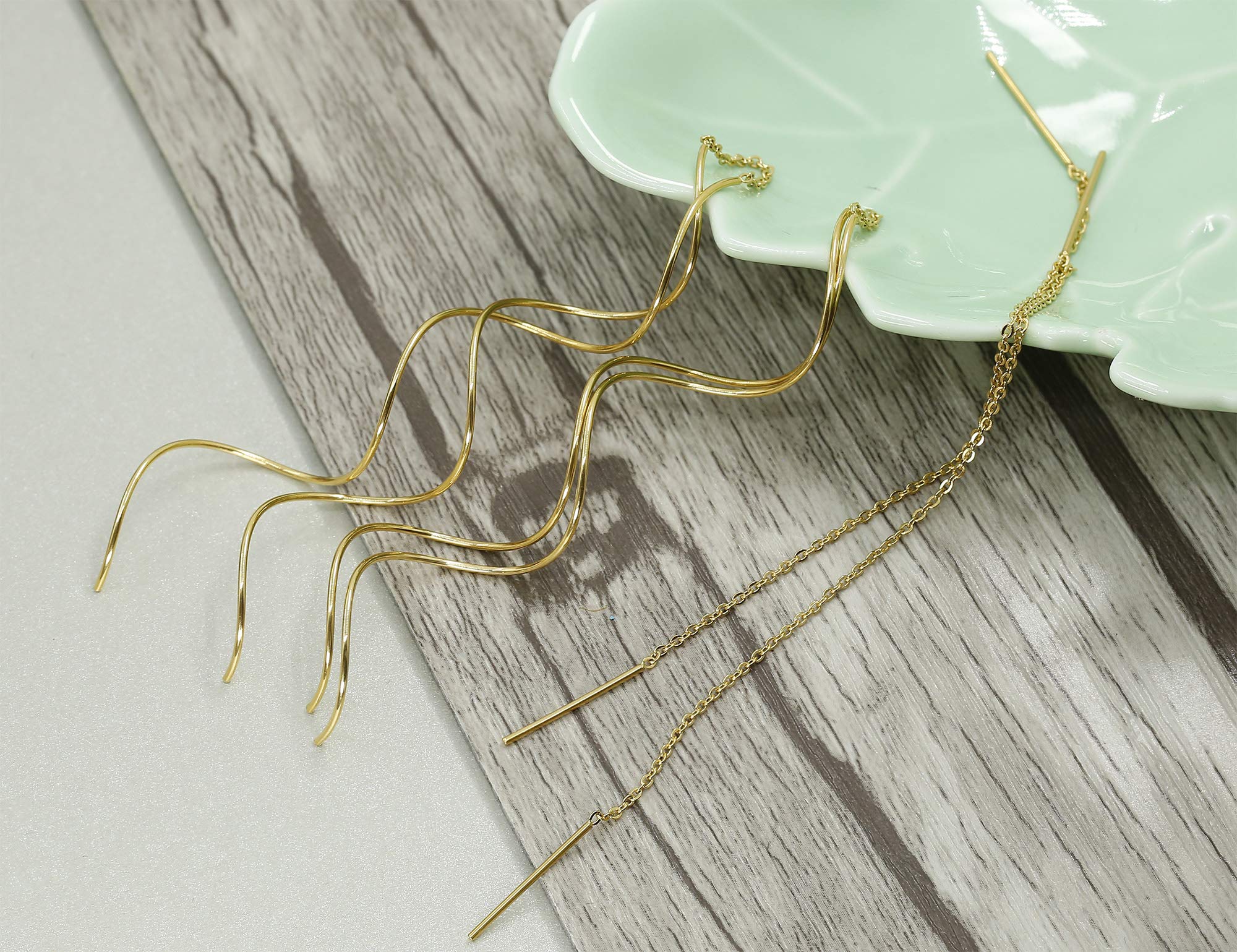 Thunaraz Stainless Steel Tassel Threader Dangle Drop Earrings for women lightweight Silver Tone