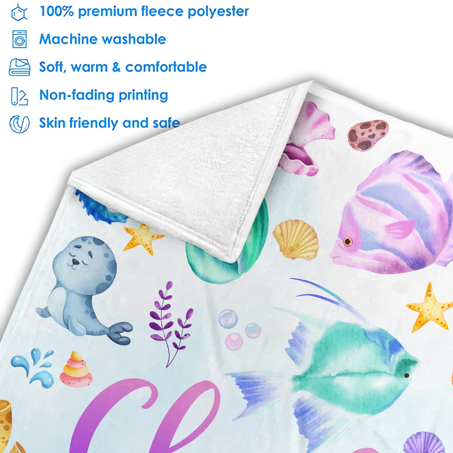 Zocoshi Sea Animals Baby Girl Name Blanket, Personalized Watercolor Turtle Octopus Under The Sea Nursery