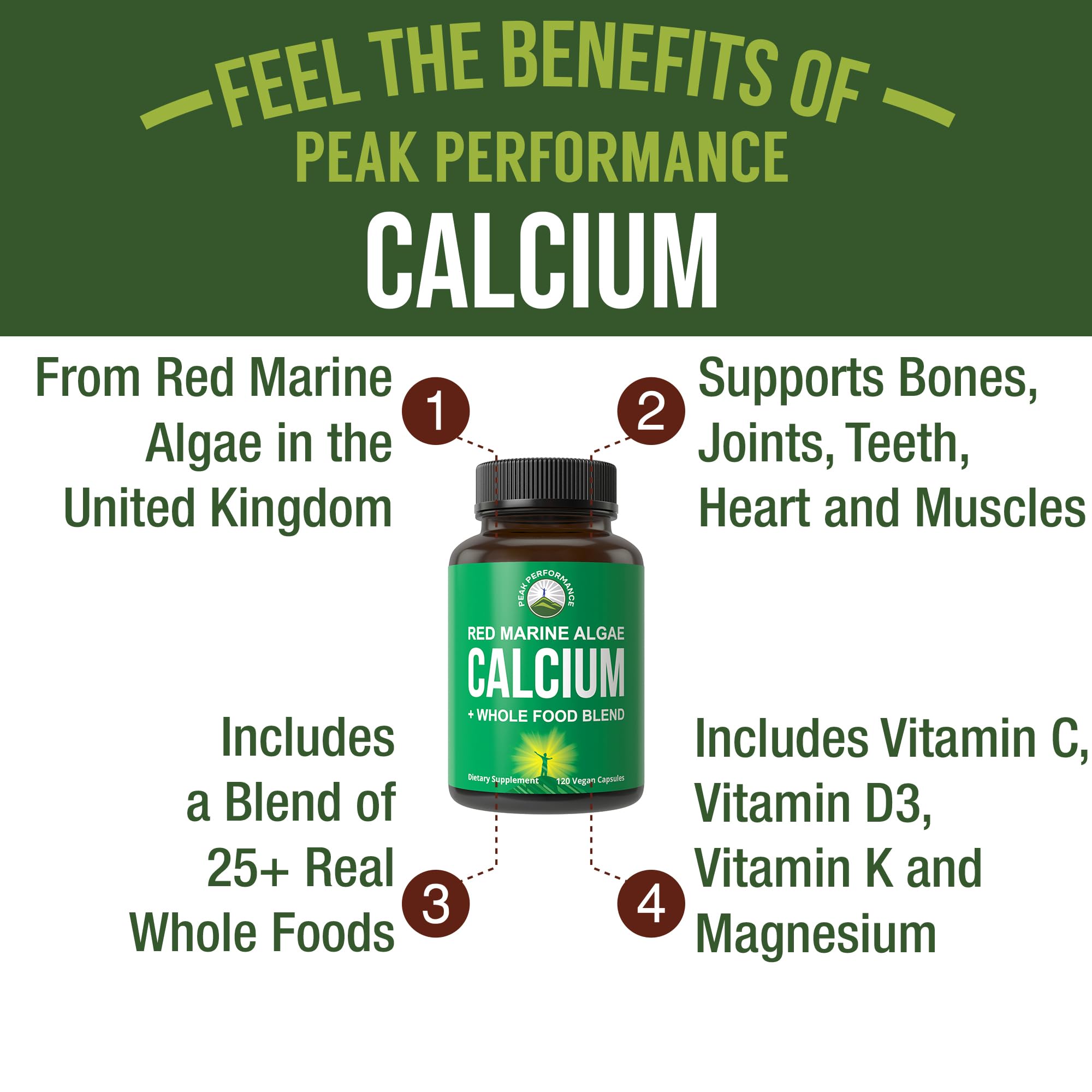 Plant Based Calcium - Red Marine Algae Calcium Supplement with Vitamin C, D3, K, Magnesium, and Whole Food Vegetable Blend. Vegan Capsules for Bones and Joints. 120 Calcium Pills, Tablets