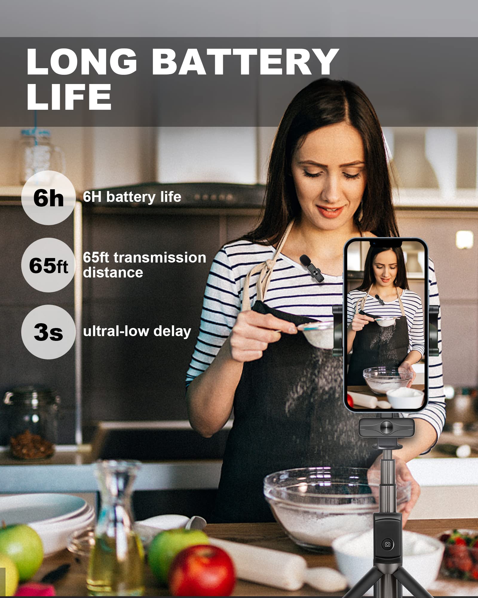 Wireless Lavalier Microphone for iPhone , Professional Video Recording Lav Mic, Ultra Low Delay Auto Sync and Smart Noise Reduction for Recording Vlog YouTube Tiktok Live Stream Interview Black