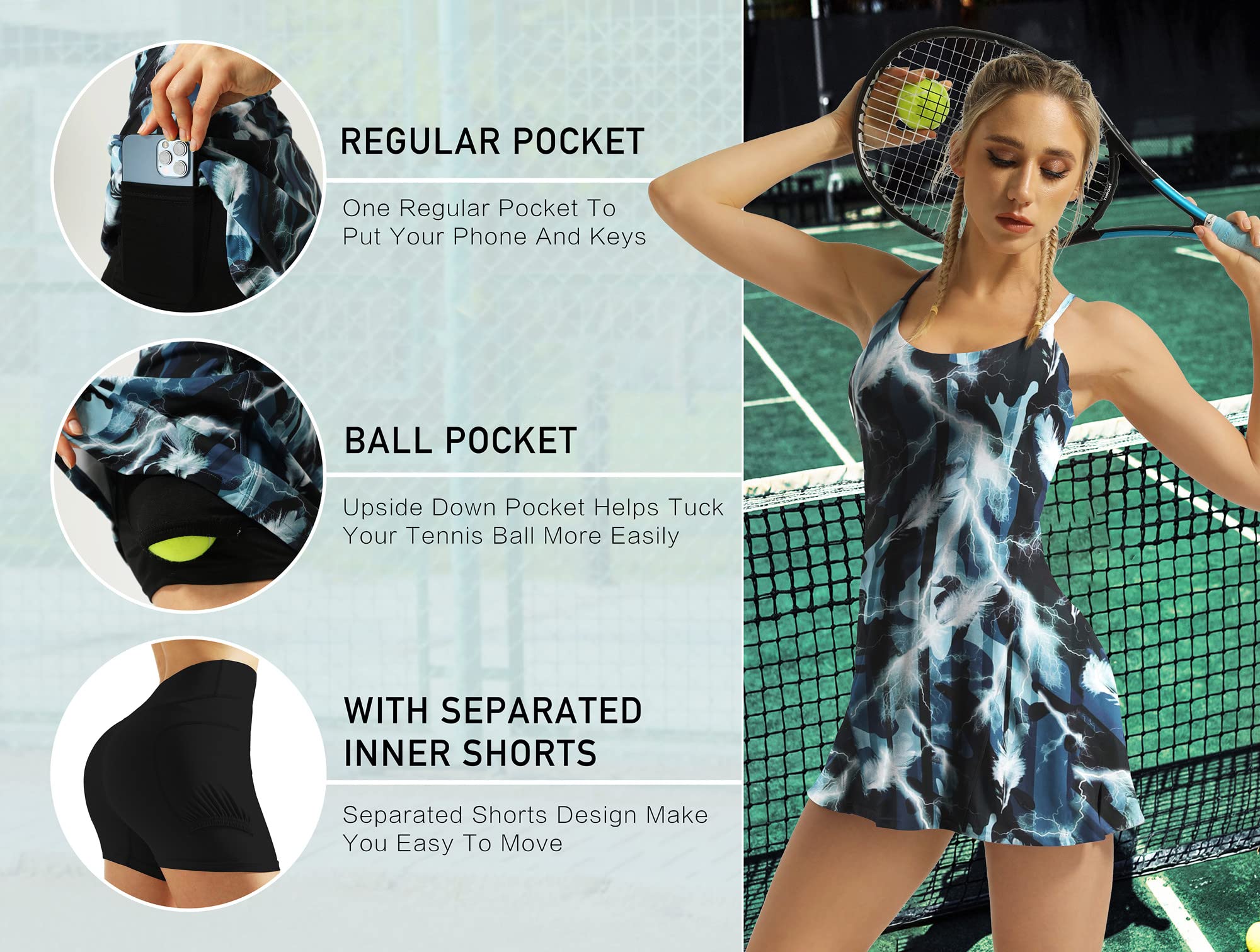 Womens Tennis Dress, Athletic Dress with Shorts Underneath & Built-in Bra Workout Golf Dresses with Adjustable Straps White Lightning L