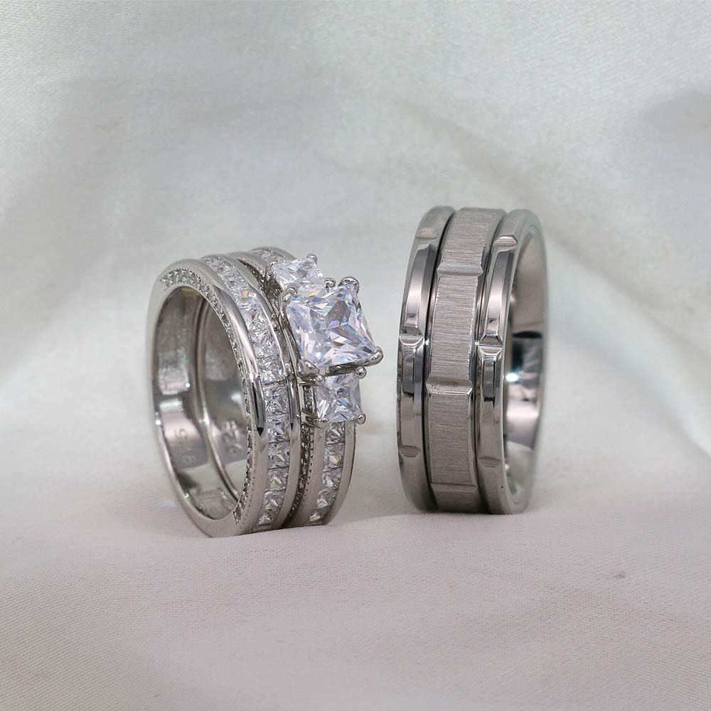 TWO RINGS Wedding Ring Sets His And Hers Promise Ring Couples Bridal Sets Women 925 Sterling Silver square Cz Man Stainless Steel Brushed Finished Wedding Bands