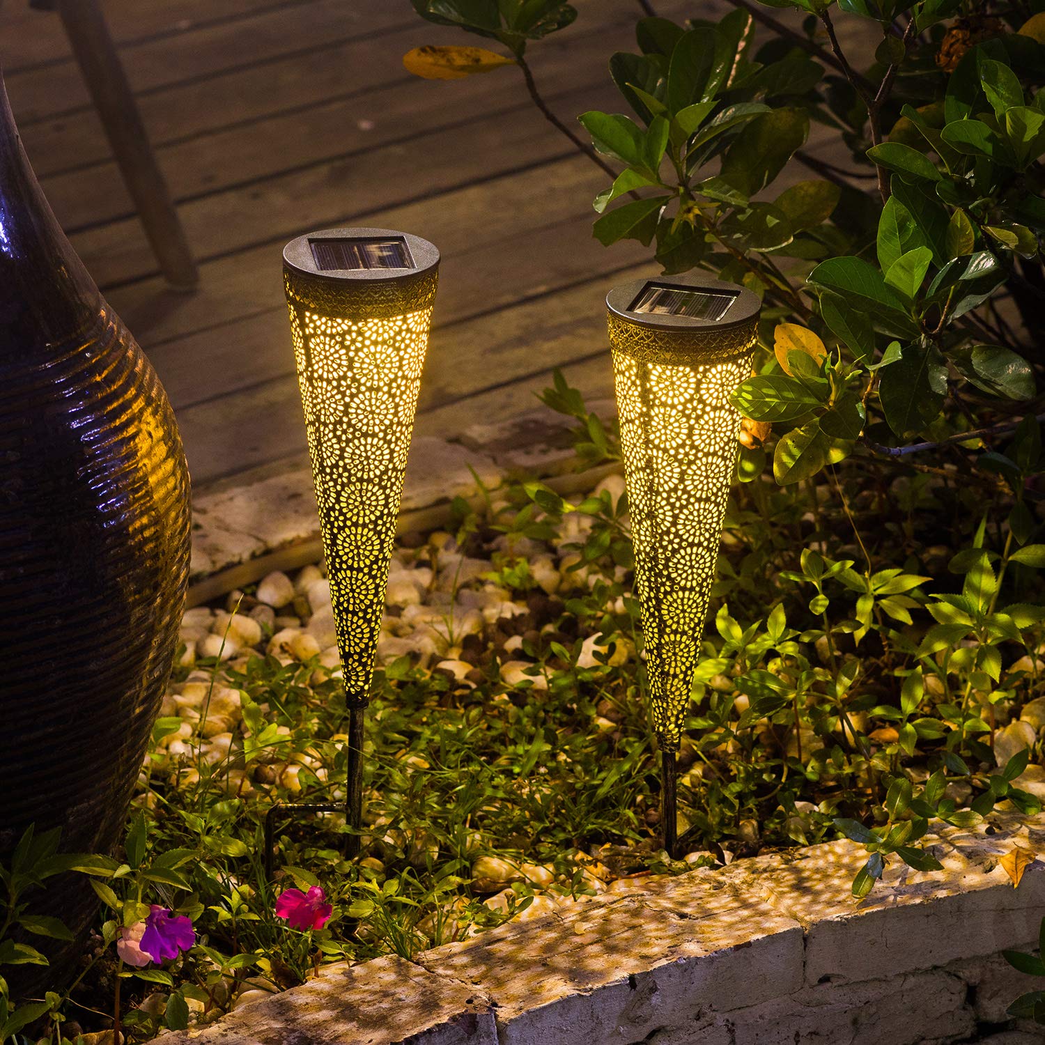TAKE ME [Set of 2] Metal Solar Pathway Lights Garden Outdoor,Waterproof Decorative Stakes for Walkway,Yard,Lawn,Patio
