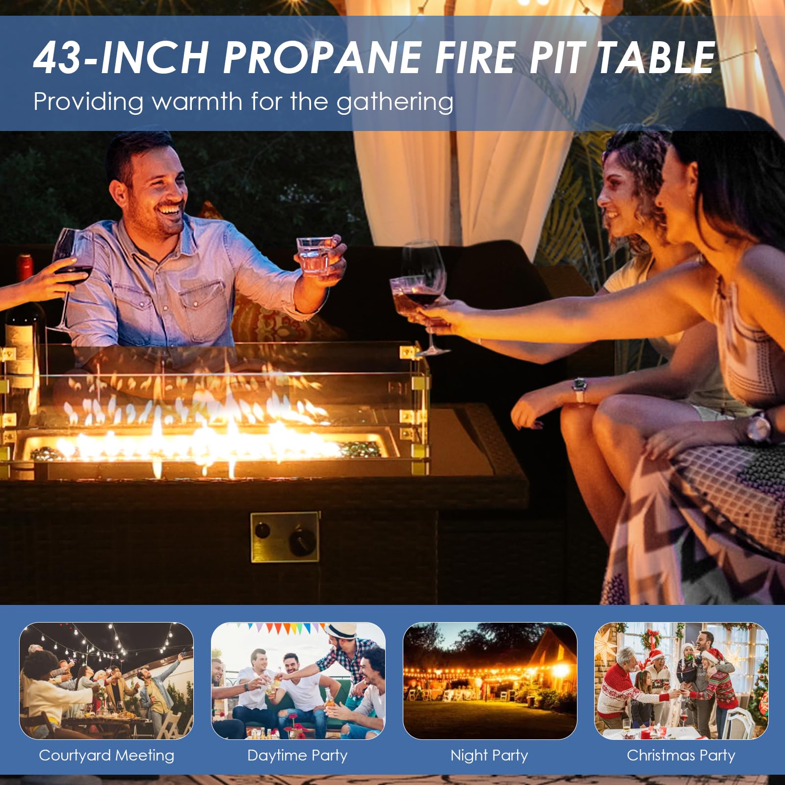 RADIATA Rectangular Propane Natural Gas Fire Pit Espresso PE Wicker Fire Table for 55,000 BTU Stainless Steel Burner H-Pipe Firepit CSA Certificated with Wind Guard Glass (Brown)