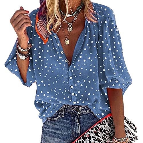 Womens Tops Shirt Plus Size Oversize 3/4 Three Quarters Sleeve Dots Spotted Graphic Pattern Button-Down Loose Blouse(C Blue,2XL)