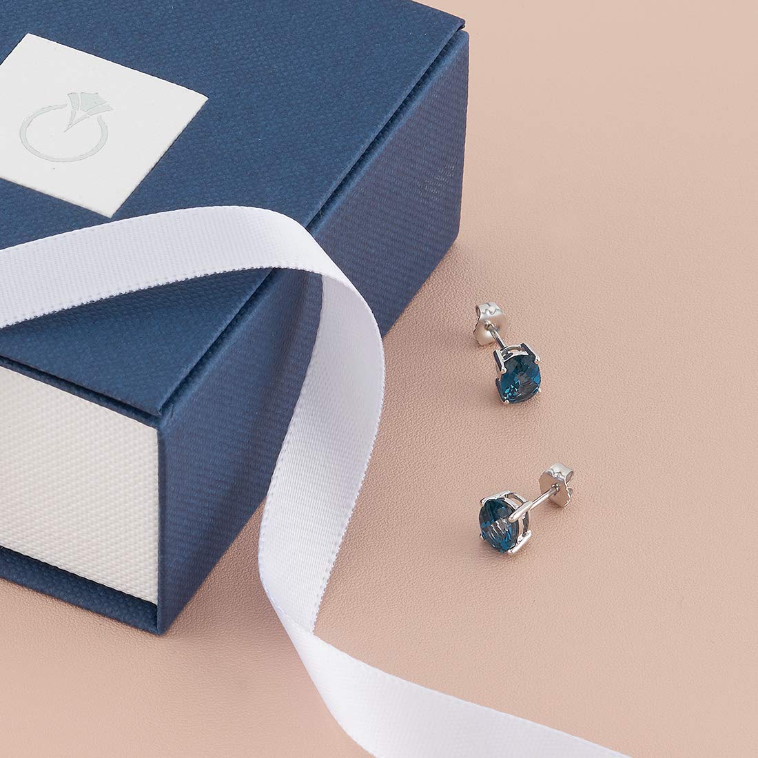Peora 14K White Gold London Blue Topaz Earrings for Women, Natural Gemstone Classic Solitaire Studs, 7x5mm Oval Shape, 2 Carats total, Friction Back