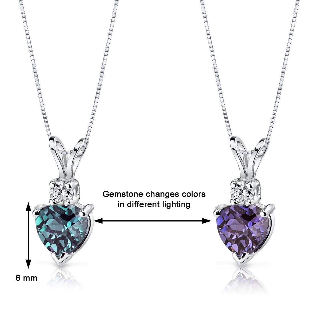 PEORA 14K White Gold Created Alexandrite with Genuine Diamond Pendant for Women, Color-Changing Solitaire, 1 Carat Heart Shape AAA Grade
