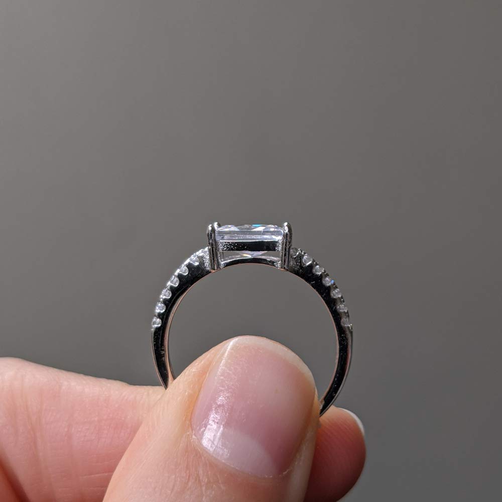 TwoBirch East West Baguette Cut Prong Set Engagement Ring in 18k White Gold Plated Sterling Silver and Cubic Zirconia (Size 8)