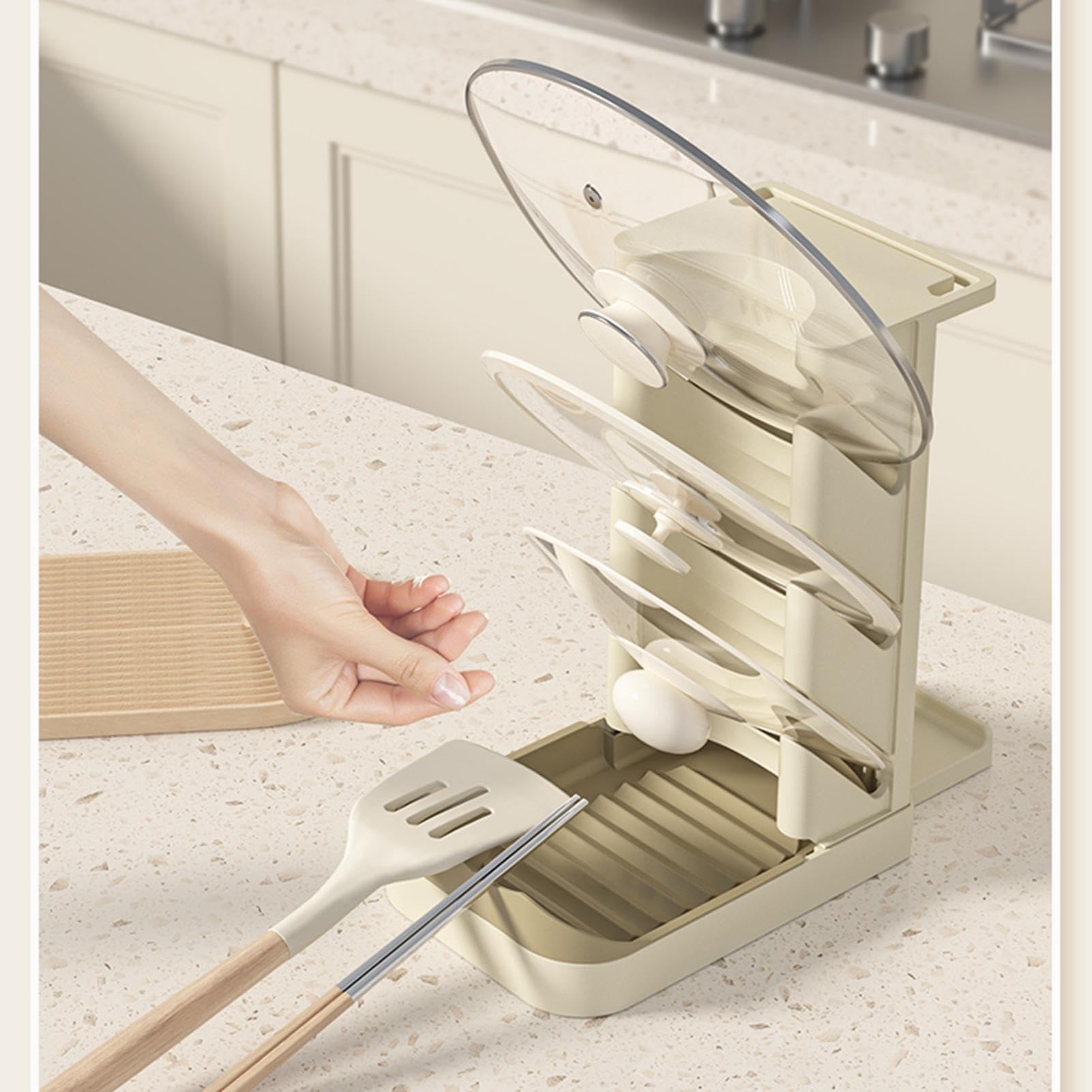 Pot Lid Holder, 11x7in Pan Lid Organizer Rack, Rust Proof Chopping Board Organizer Stand with Detachable Drain Tray, Space Saving Dish Plate Storage Organizer for Kitchen Countertop Cabinet