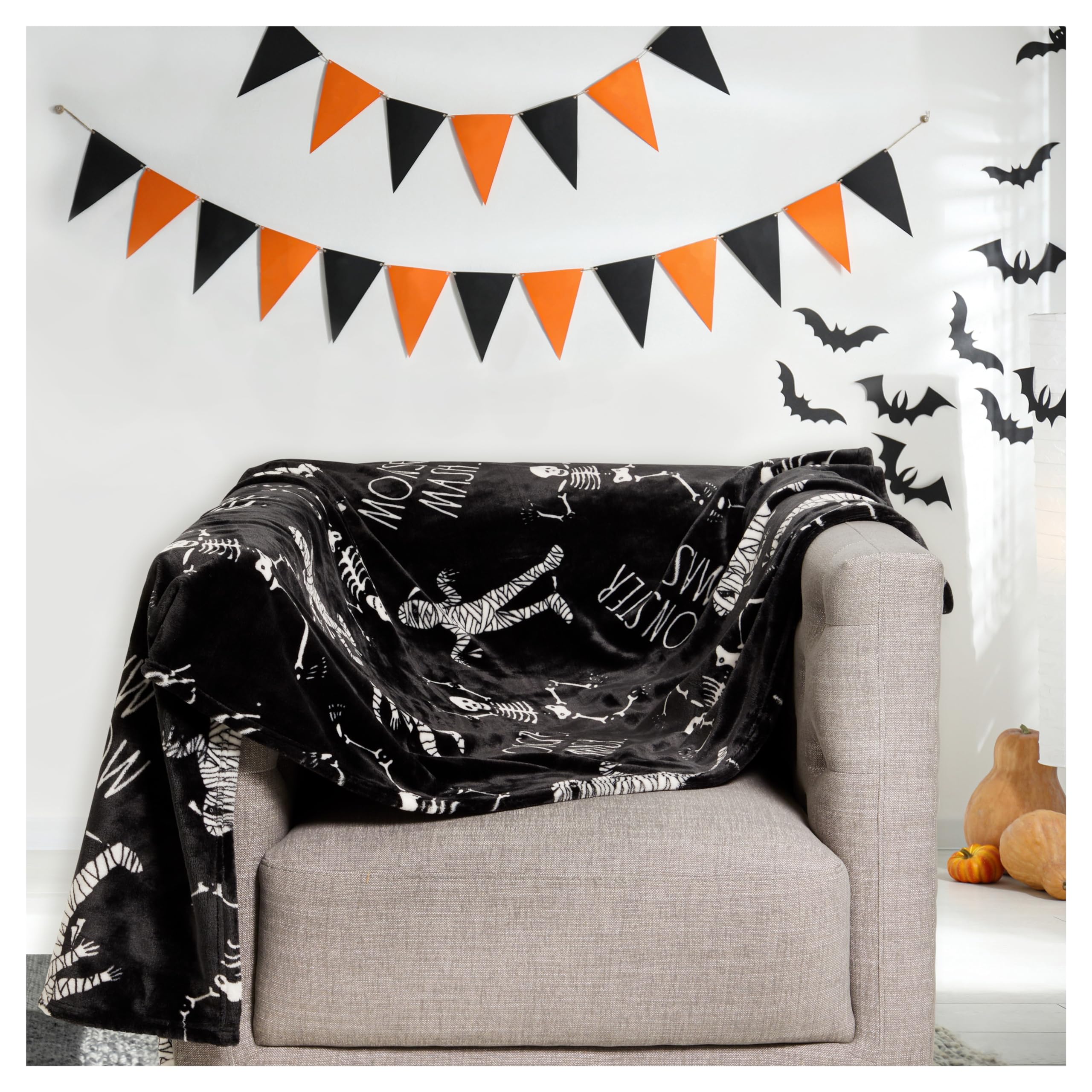 Rae Dunn Throw Blanket- Soft, Decorative Blankets for Bed or Couch, Cozy Throws for Sofa, Soft Plush Throw Embroidered Ghost Pumpkins, 50 inches x 70 inches