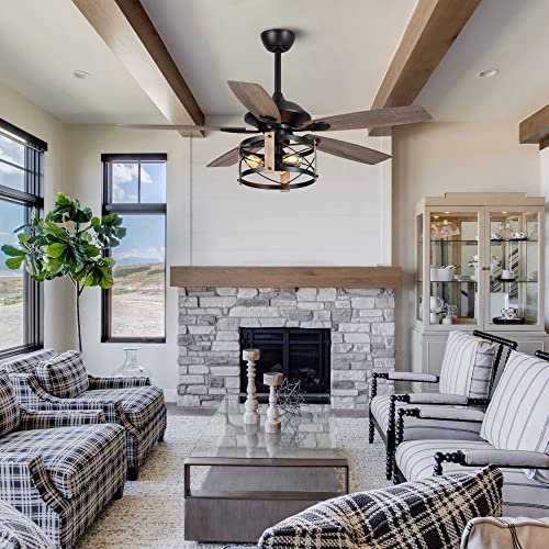Parrot Uncle Ceiling Fans with Lights and Remote Farmhouse Ceiling Fan with Light 52 Inch Black Outdoor Ceiling Fans for Patios Covered, Reversible Motor