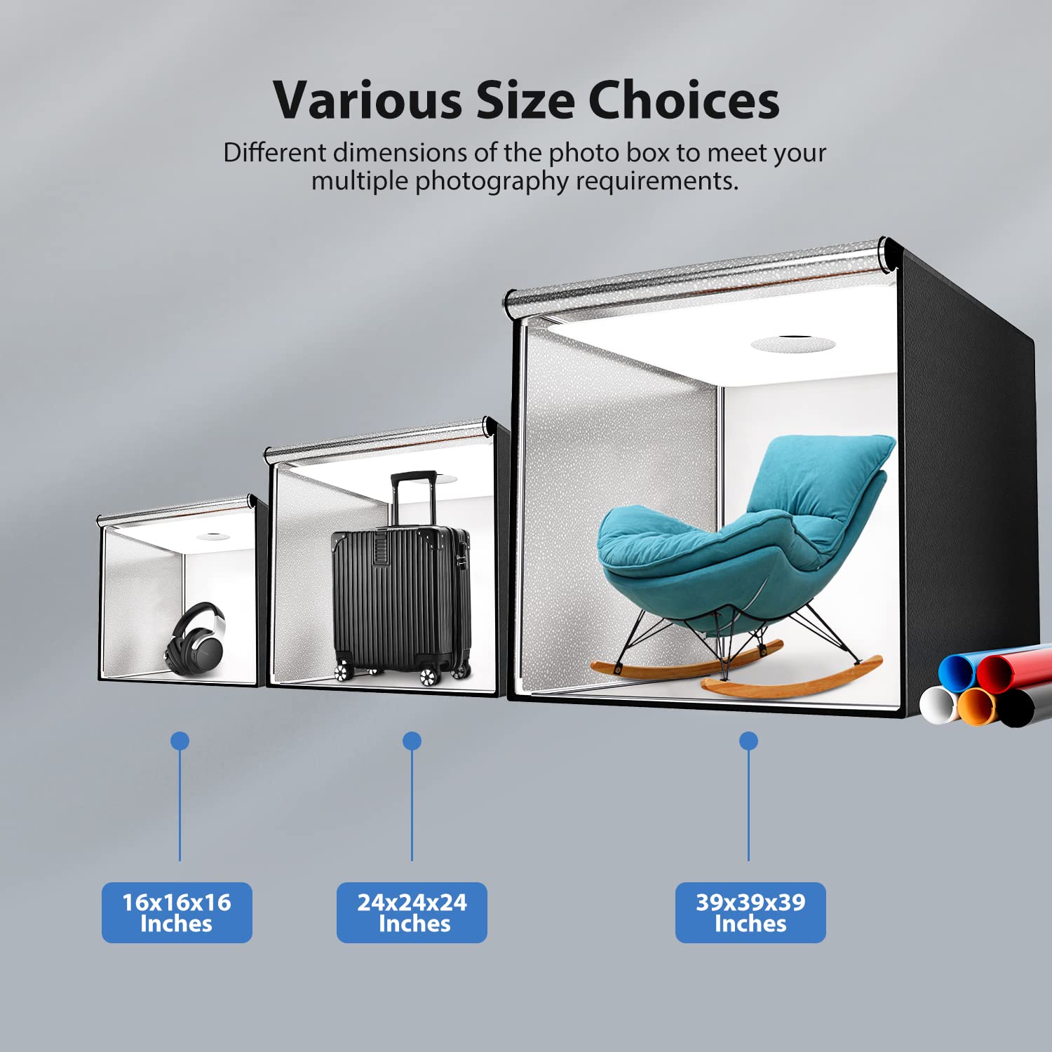 Takerers Photo Studio Light Box,39x39 Inch/100x100cm 210 LED Professional Photo Background Shooting Tent with 3 Stepless Dimming Light Panel, Lightbox with 5 Color Backdrops for Product Photography