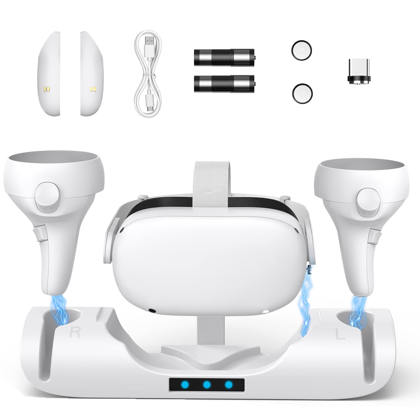 Younik Charging Dock for Quest 2, Charge Controllers and Headset Simultaneously, VR Charger Station Accessories with 2 Rechargeable Controller Batteries
