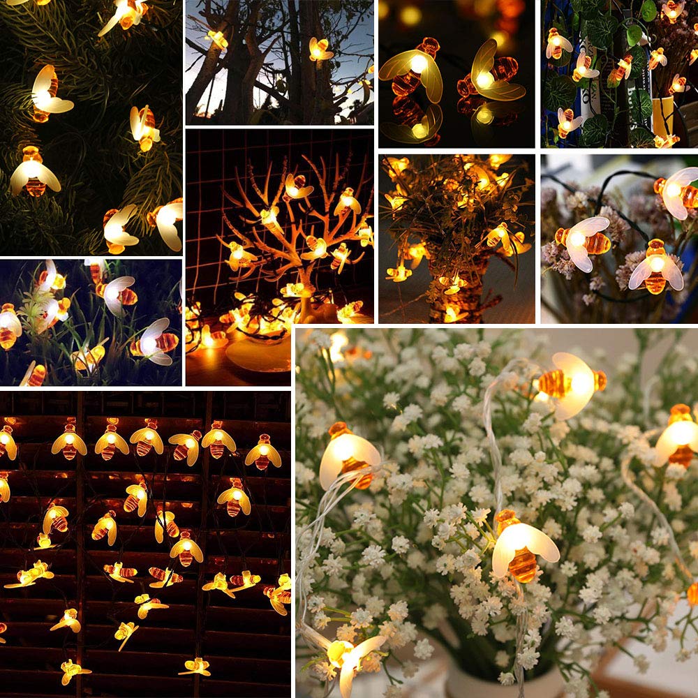 Solar String Lights 19.7ft 30 LED Rope Light Cute Bees 8 Modes Warm White for Party Garden Home Festival Decoration