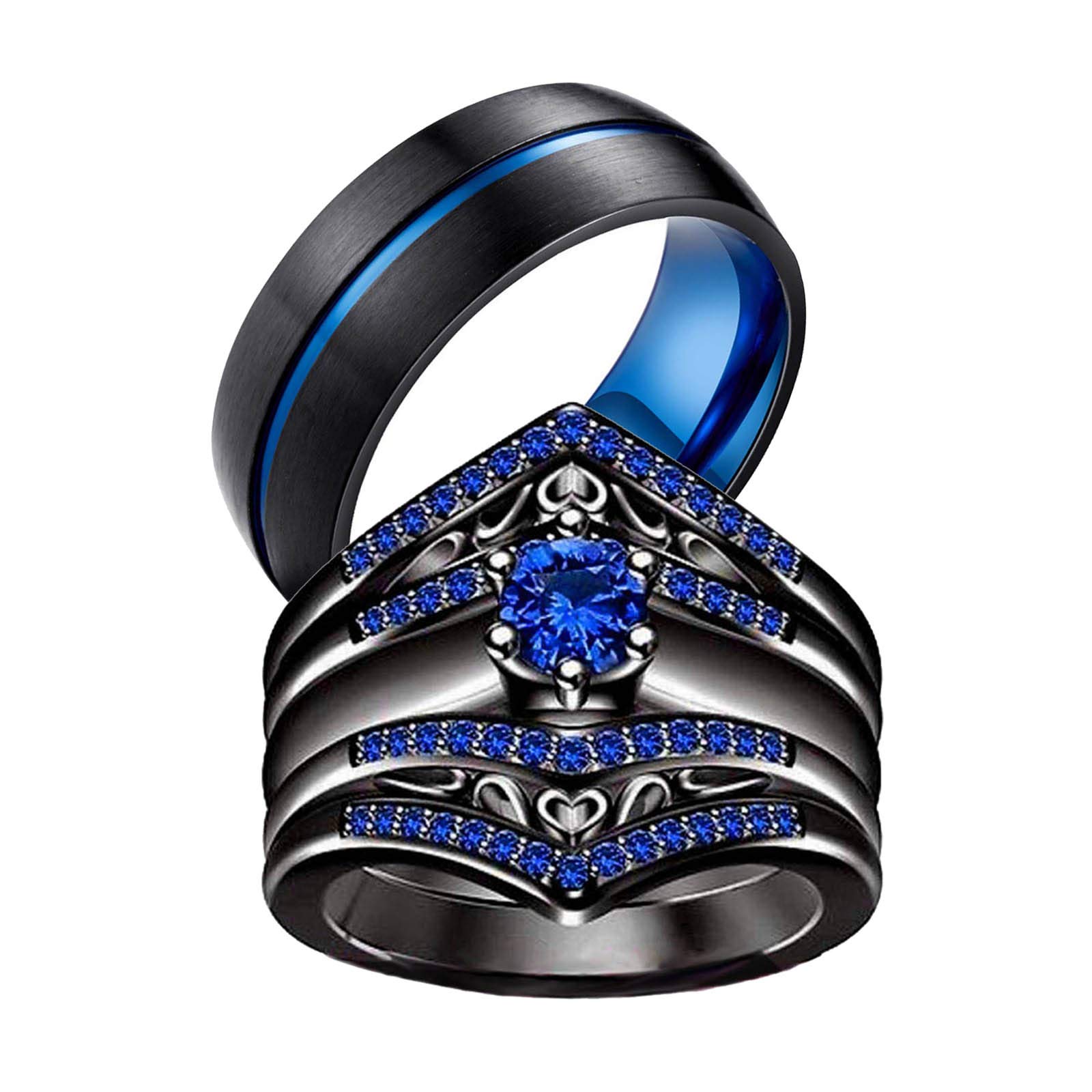 Two Rings His Hers Wedding Ring Sets Couples Matching Rings Women's 2pc Black Gold Plated Blue CZ Wedding Engagement Ring Bridal Sets Men's Tungsten Carbide Band Wedding Band