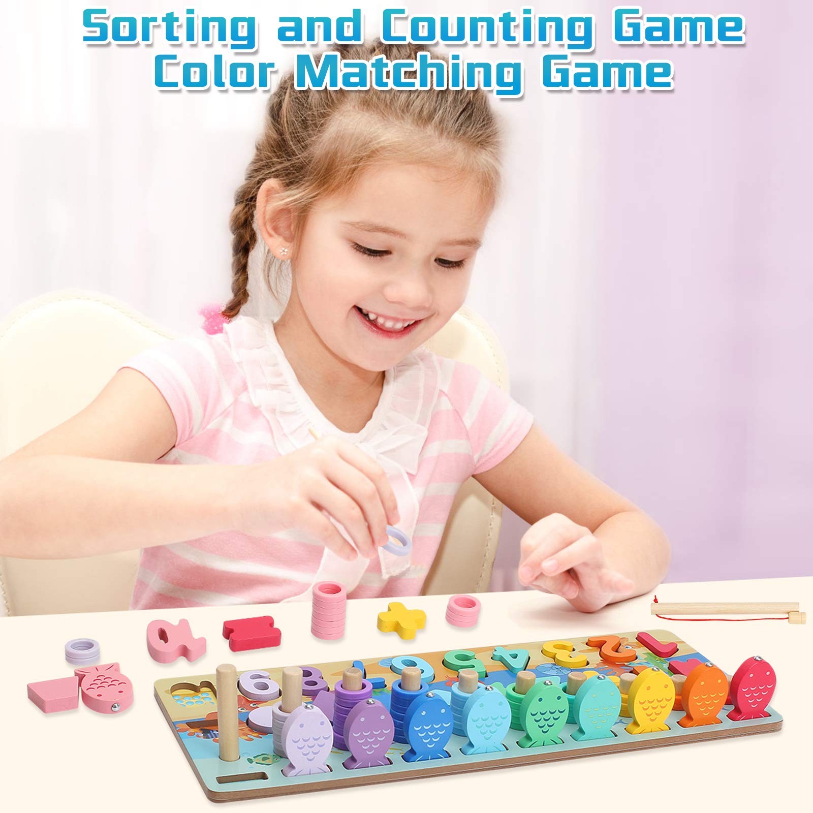 Sitodier Wooden Number Puzzle Sorting Montessori Toy for Toddlers | Shape Puzzle Matching Counting Fishing Game for Ages 2 3 4 5 Years Kids Math Stacking Preschool Educational Learning Activities Toy