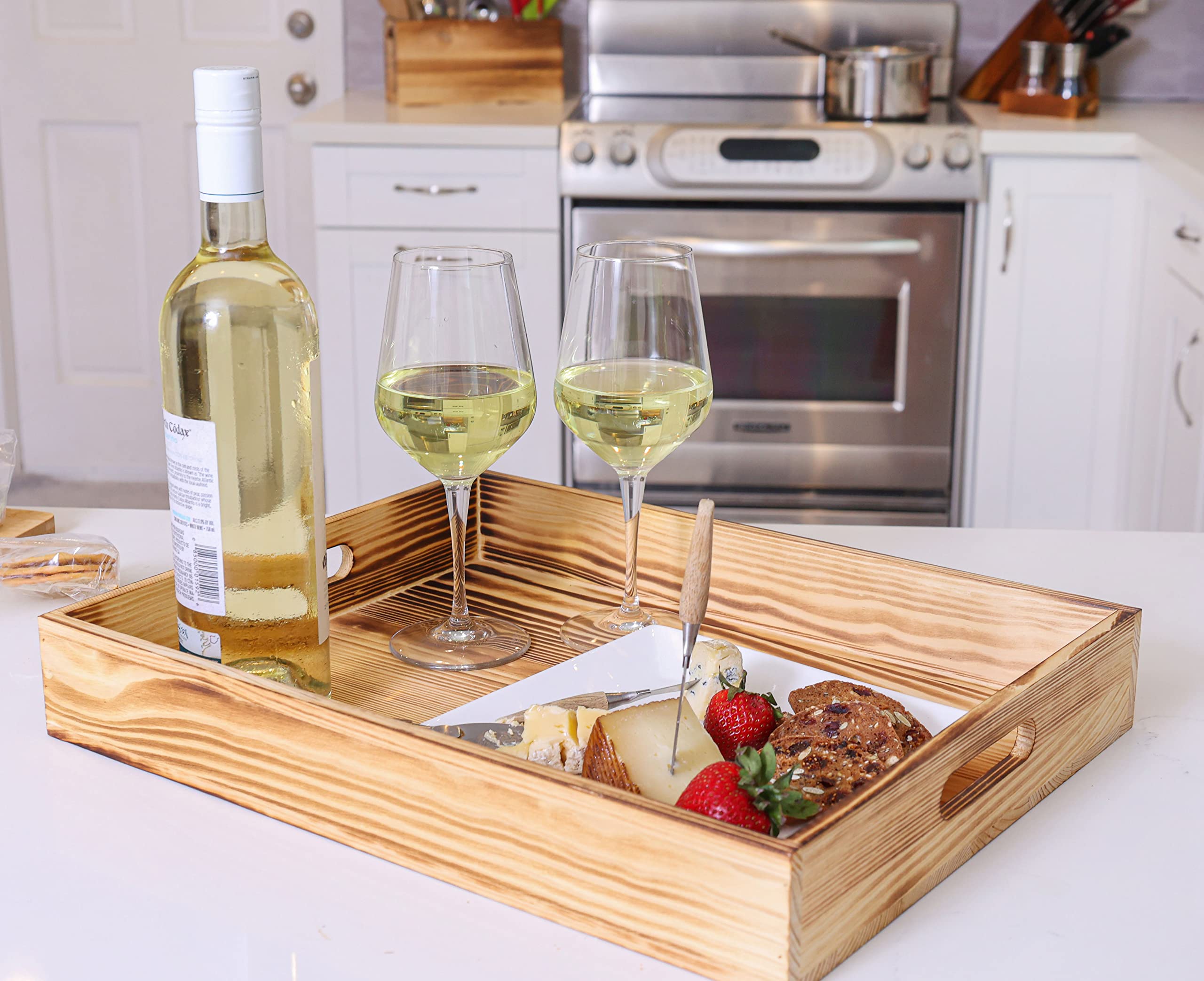 Wood Serving Tray with Handles Rectangular Wooden Coffee Table Breakfast Large Tray for Eating, Bedroom, Kitchen, Living Room - 17x13 inches