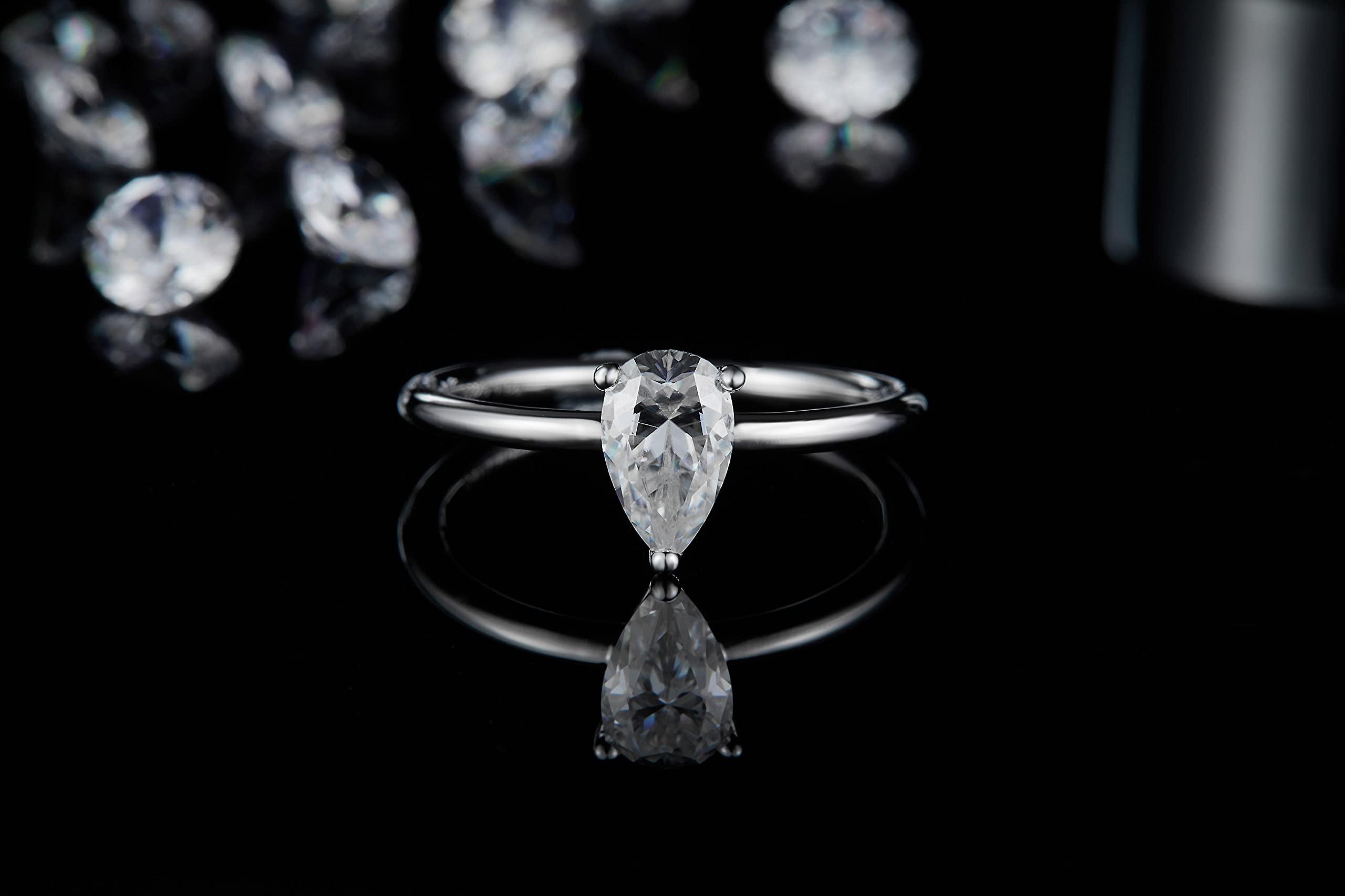 TwoBirch 1 Carat Moissanite Tear Drop Pear Solitaire in Platinum Plated Sterling Silver (CERTIFIED) (Size 6)