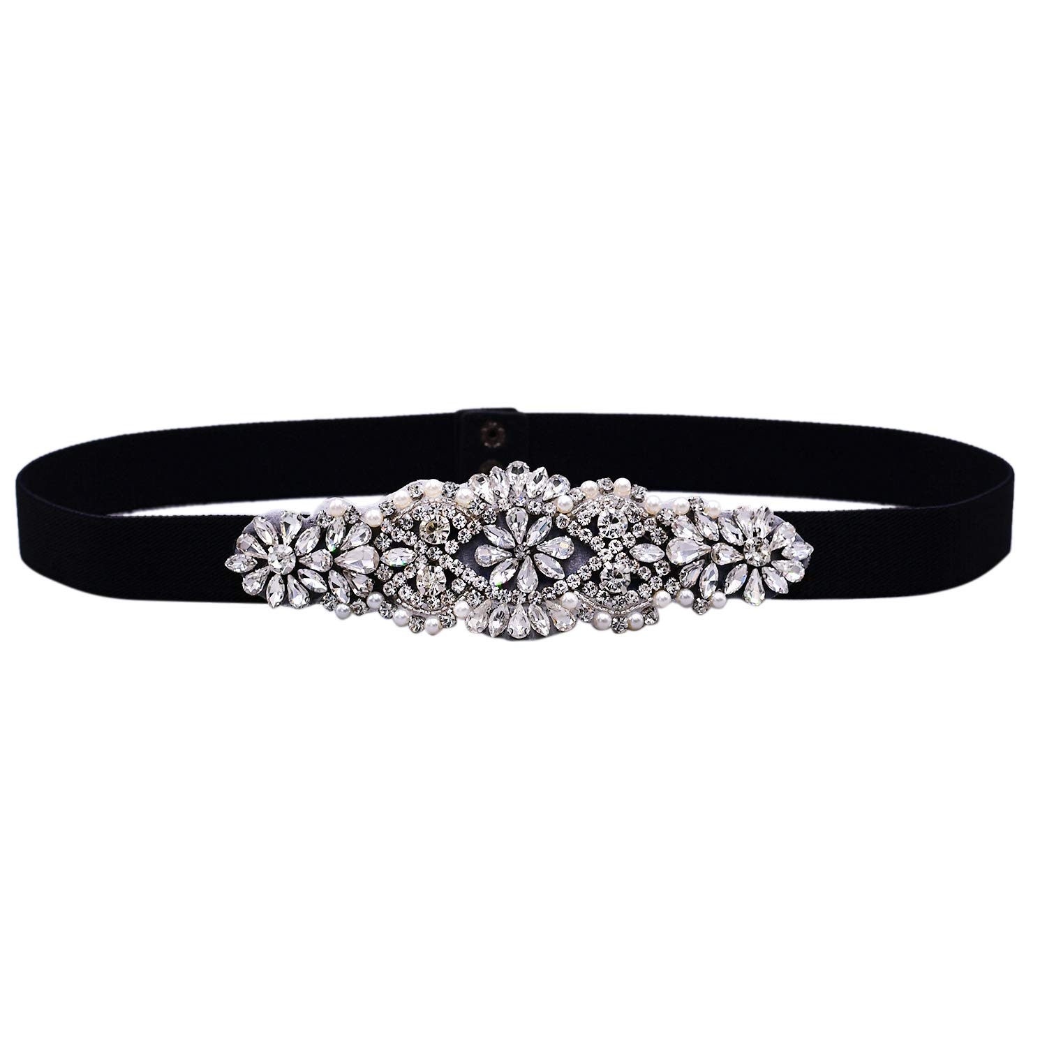 ULAPAN Rhinestone Black Elastic Belts for Women Interlocking Stretch Belt(S394)