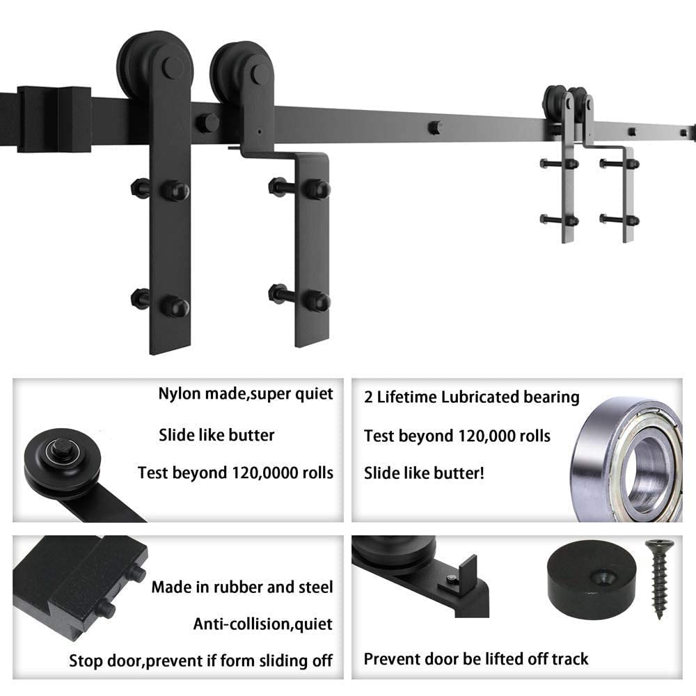 WINSOON 6.6FT Single Track Bypass Sliding Barn Door Hardware Kit for Double Doors with 2PCS 12 Inch Sliding Barn Door Handles Black Hardware