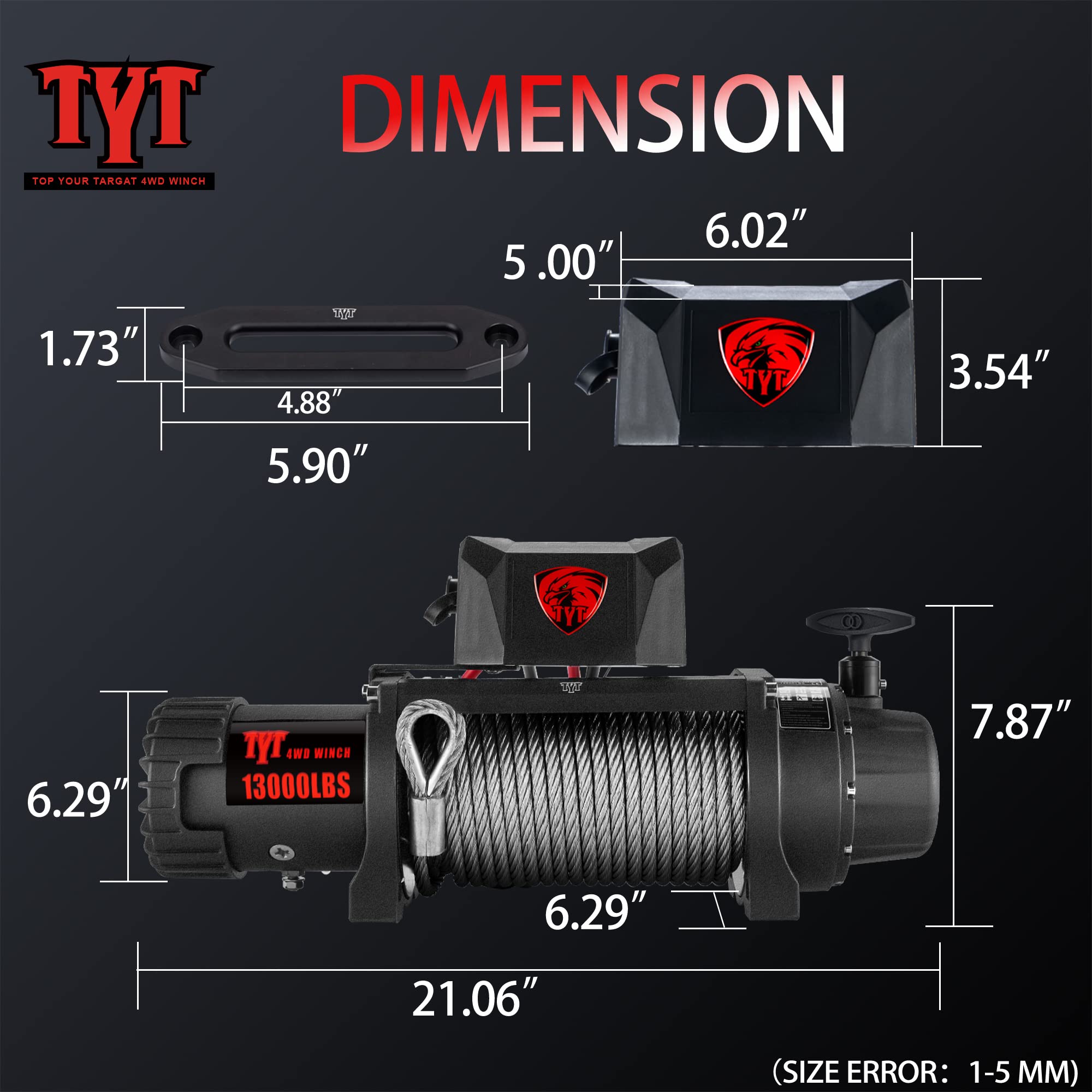 TYT T1 Series Winch 13000 lb. Advanced Load Capacity Electric Winch,12V Waterproof IP67 Electric Winch with Hawse Fairlead, Steel Cable Truck Winch with Wireless Handheld Remote and Wired Handle…