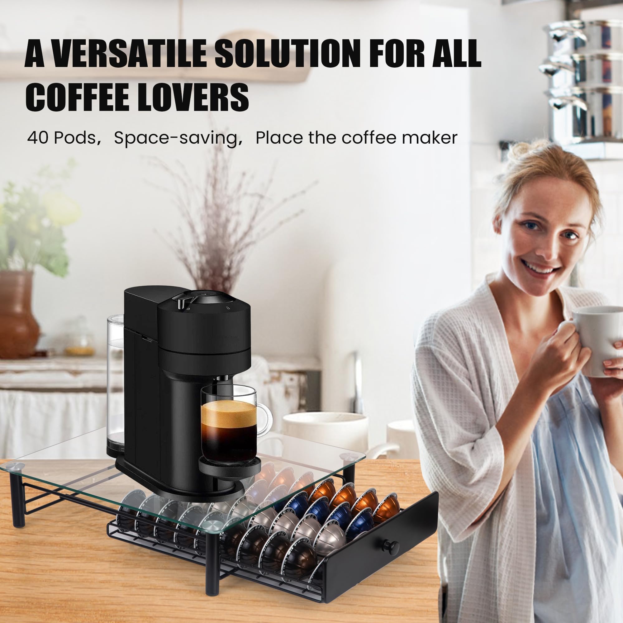 Tempered Glass Coffee Pod Drawer,Nespresso Vertuo Pod Holder Drawer for 40(1.35/2.7 floz) Vertuoline Pod, Nespresso Capsule Organizer Compatible with Vertuo Next Vertuo Plus,14.76"D x 12.99"W x 3.5"H