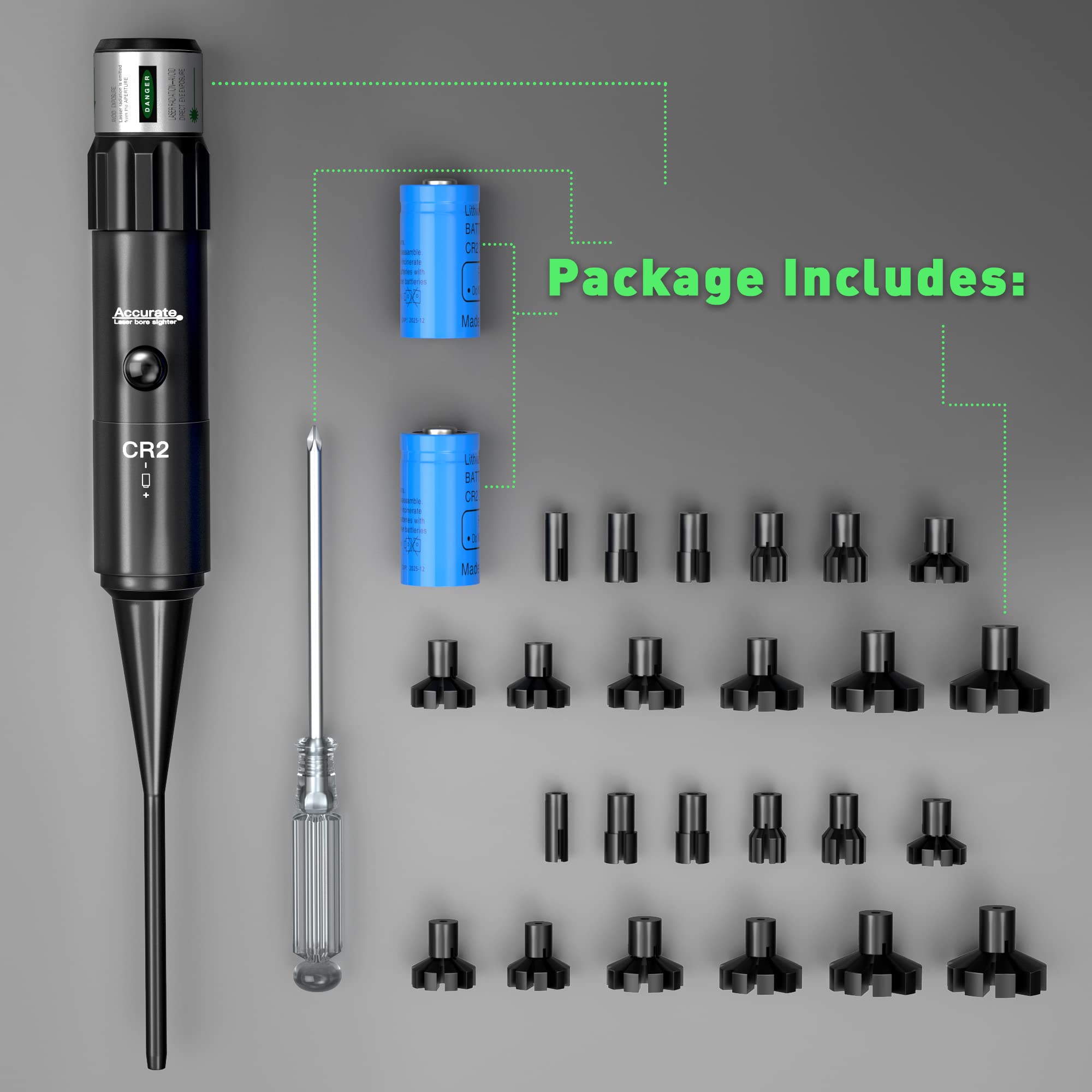 Tyseam Green Laser Bore Sighter Kit with 2 Sets of The Adapters for .17 to 12GA Caliber Rifle, Pistols, Handgun Universal Hunting Bore sighter Kit with Press Switch & Batteries